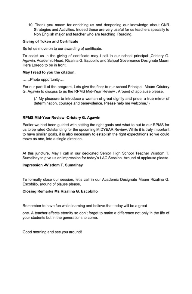 LAC SESSION SCRIPT.docx | Secondary Education | Education