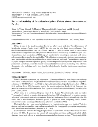 Antiviral Activity of Lactoferrin against Potato virus x In vitro and In vivo | PDF | Infectious ...