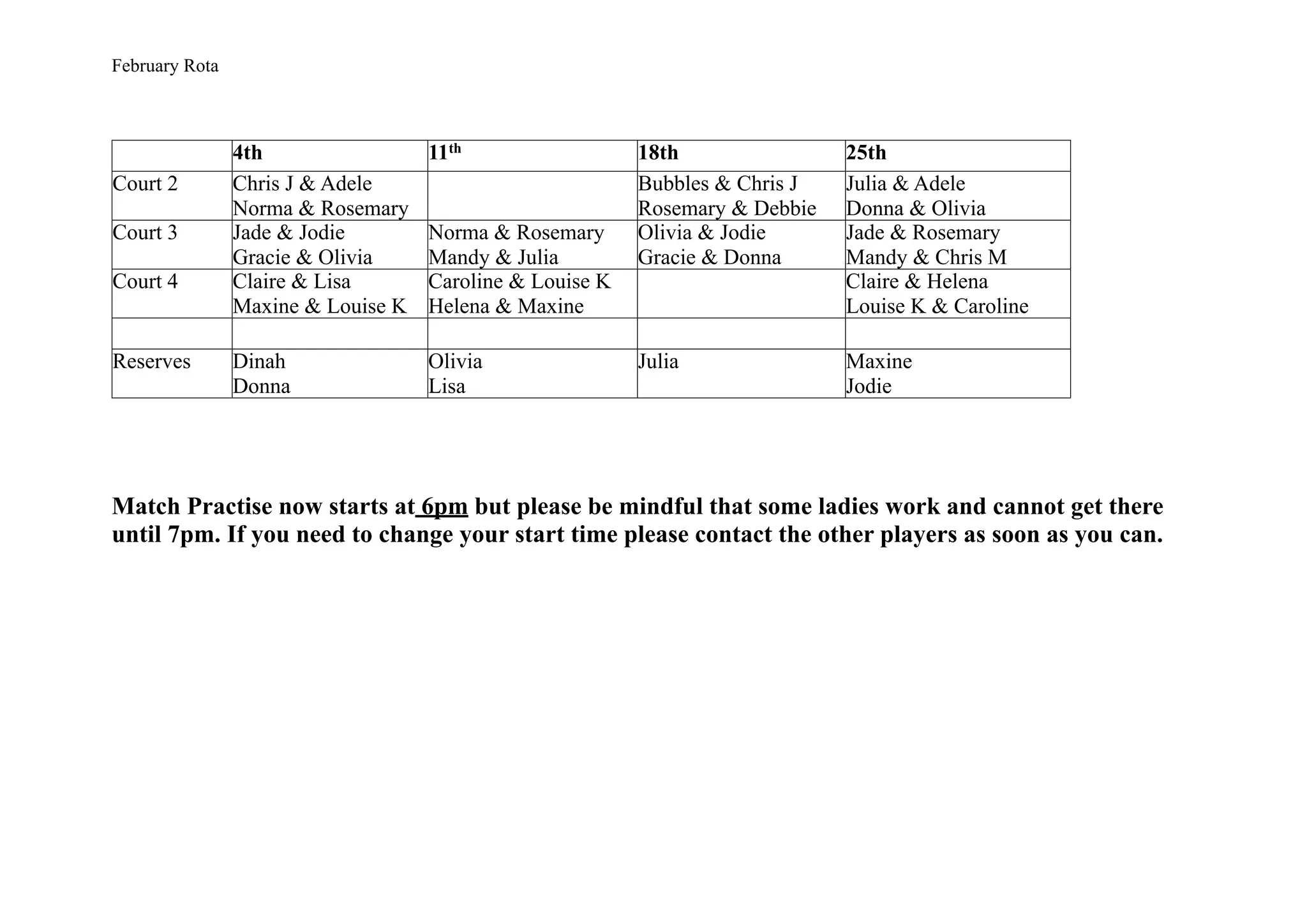 Ladies february rota | PDF