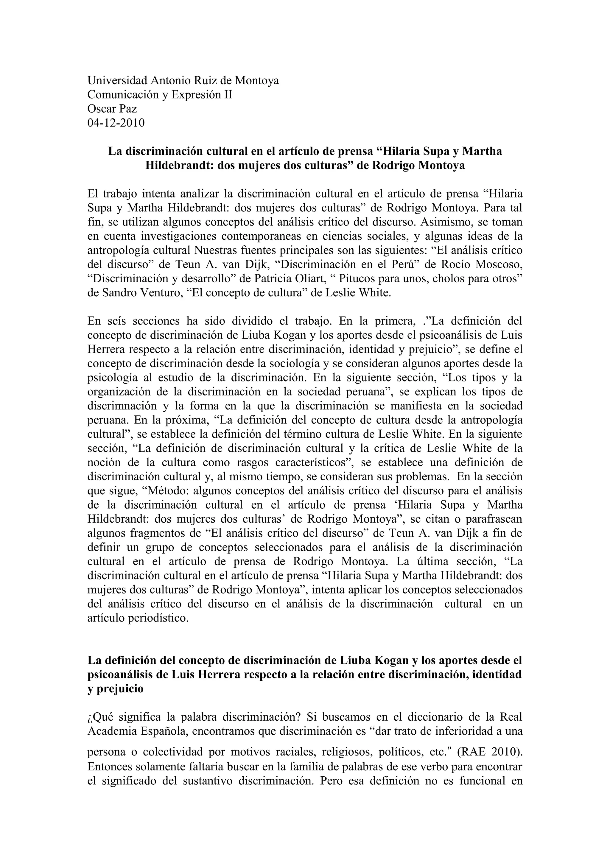 La discriminación cultural en el artículo de prensa “Hilaria Supa y ...