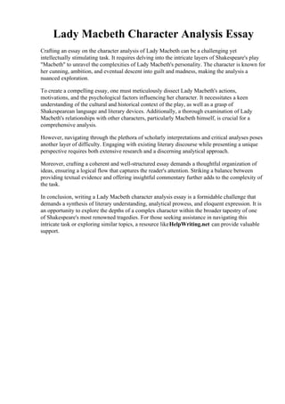 Lady Macbeth Character Analysis Essay | PDF