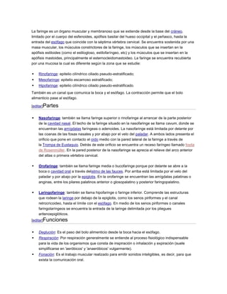 La faringe es un órgano muscular y membranoso que se extiende desde la ...