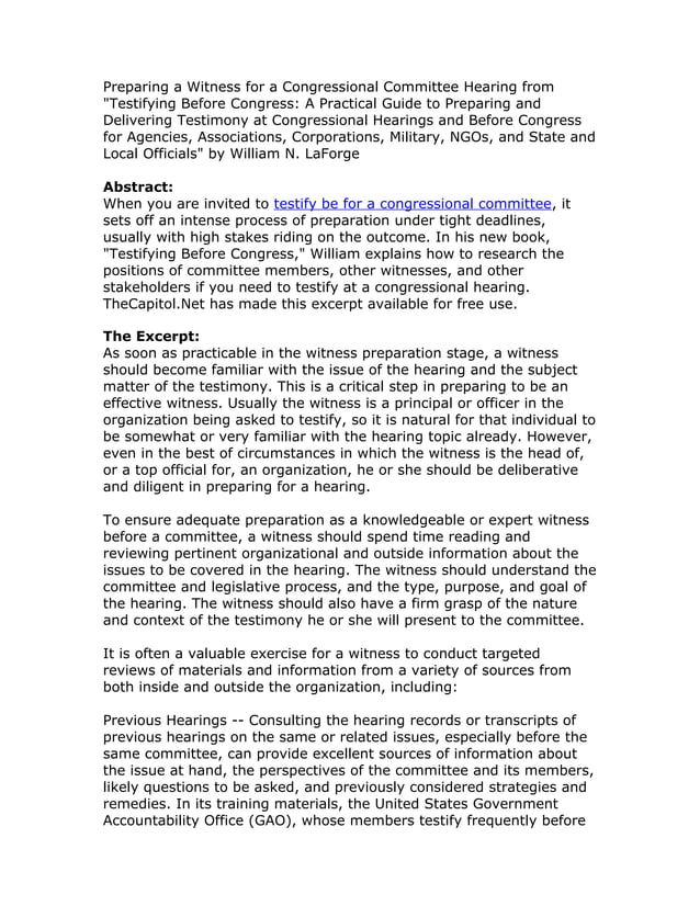 Preparing a Witness for a Congressional Committee Hearing from ...