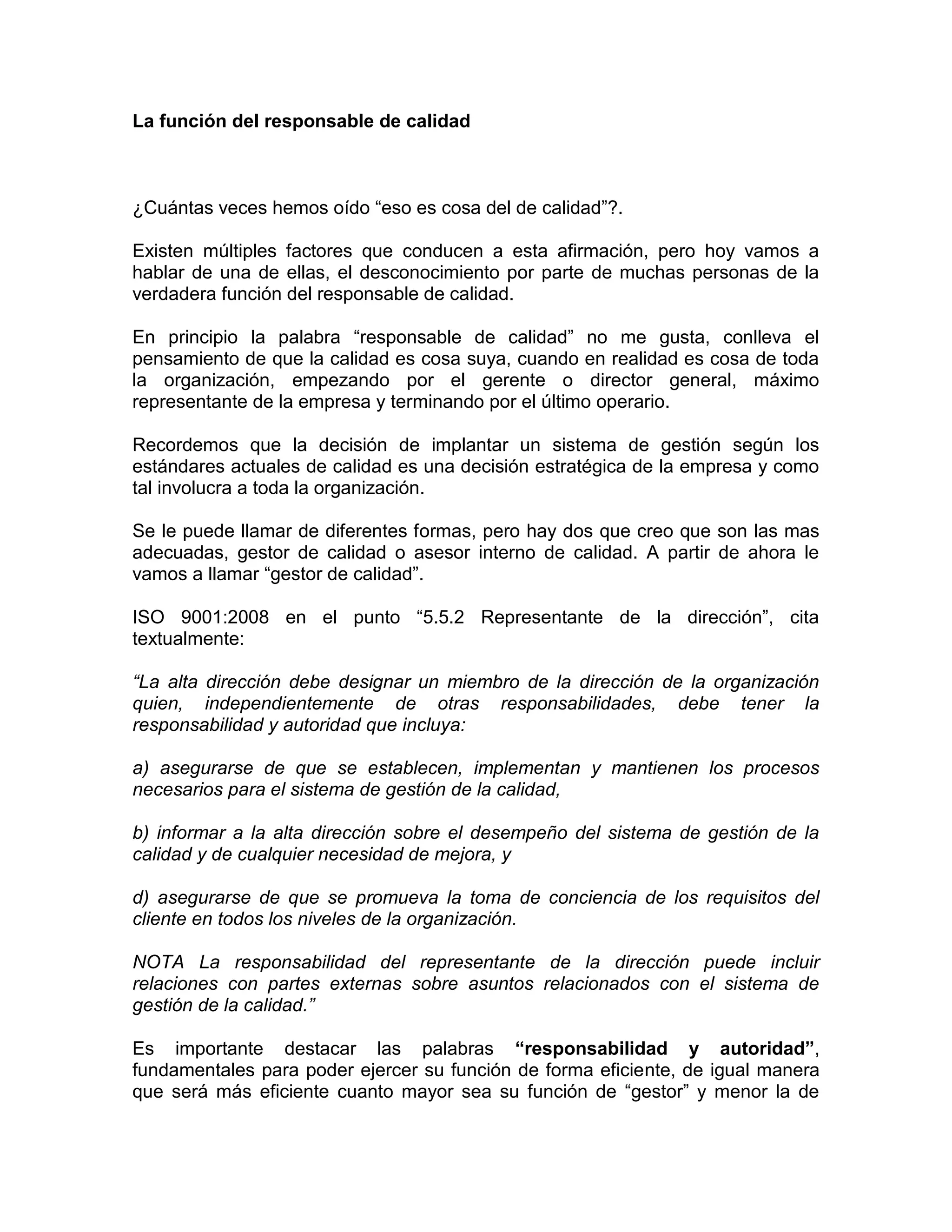 La función del responsable de calidad. Gestor de calidad | DOCX