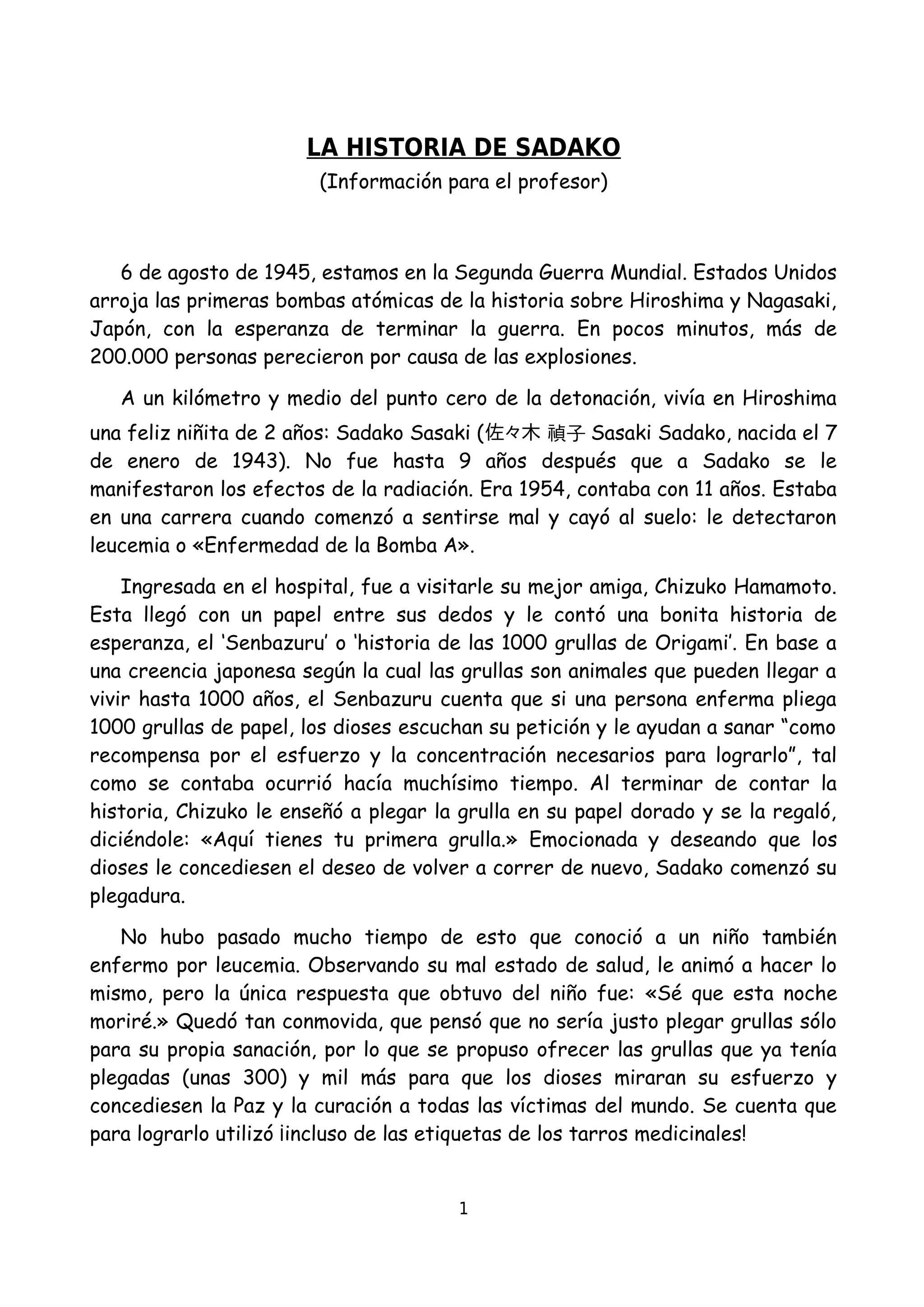 La historia de Sadako y diagrama grulla. | PDF