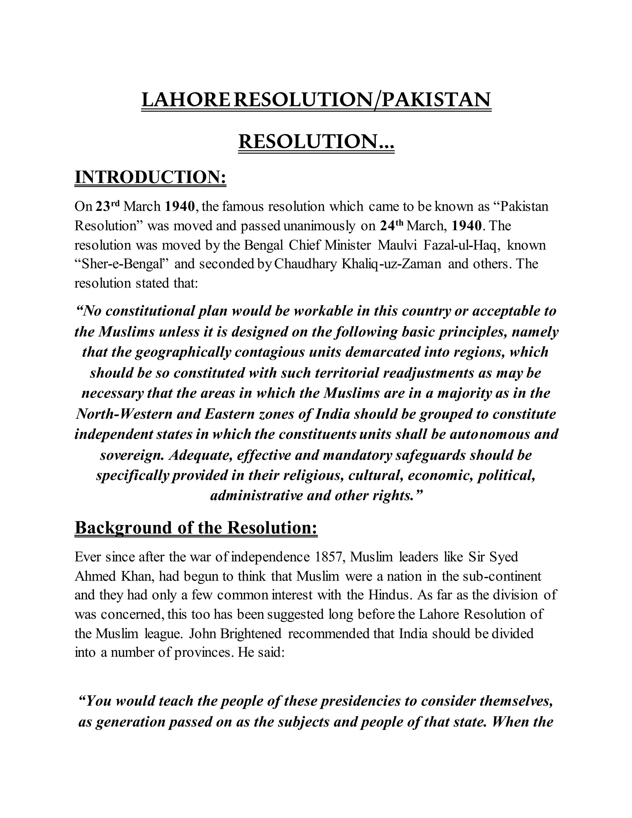 Lahore Resolution.. | DOCX