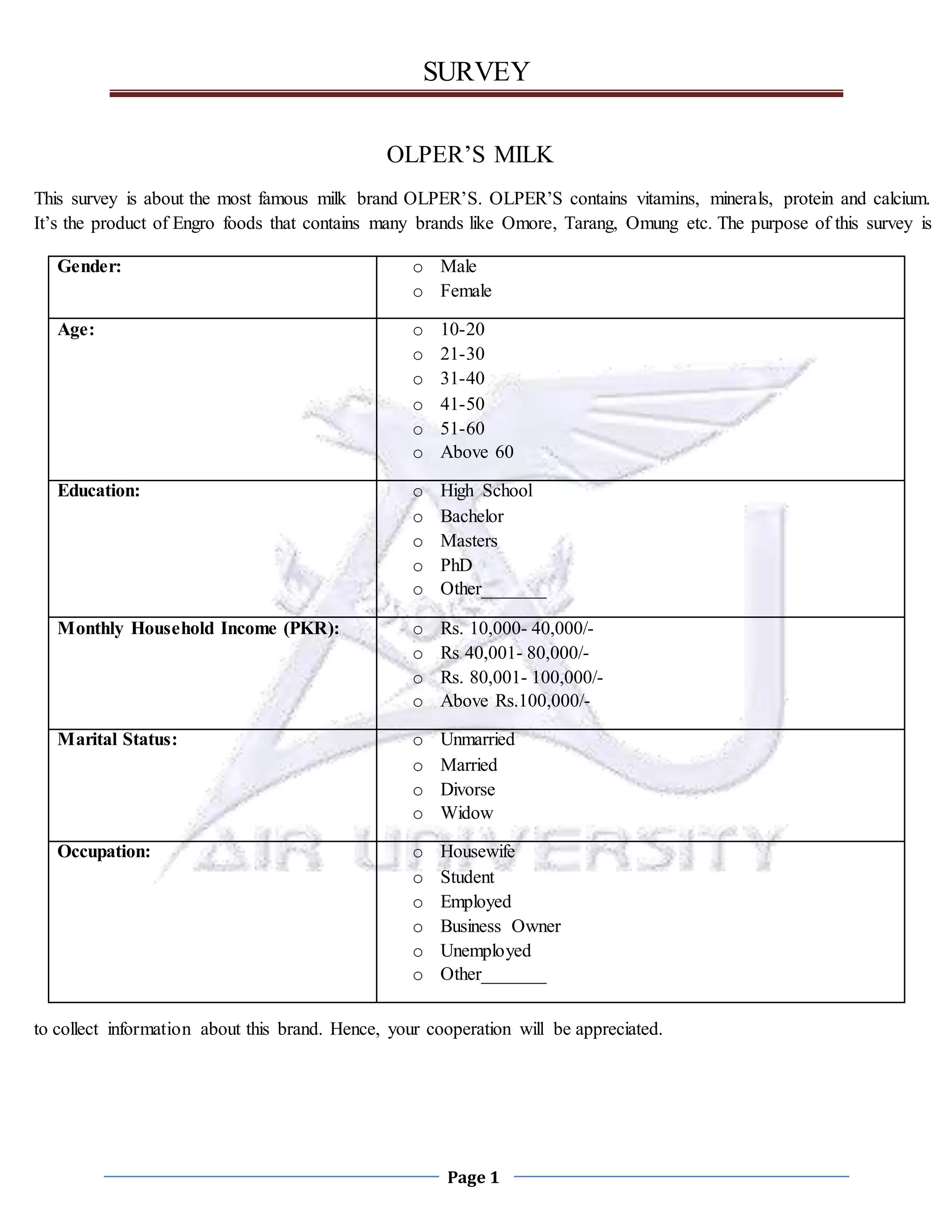 questionnaire Pattern | DOCX