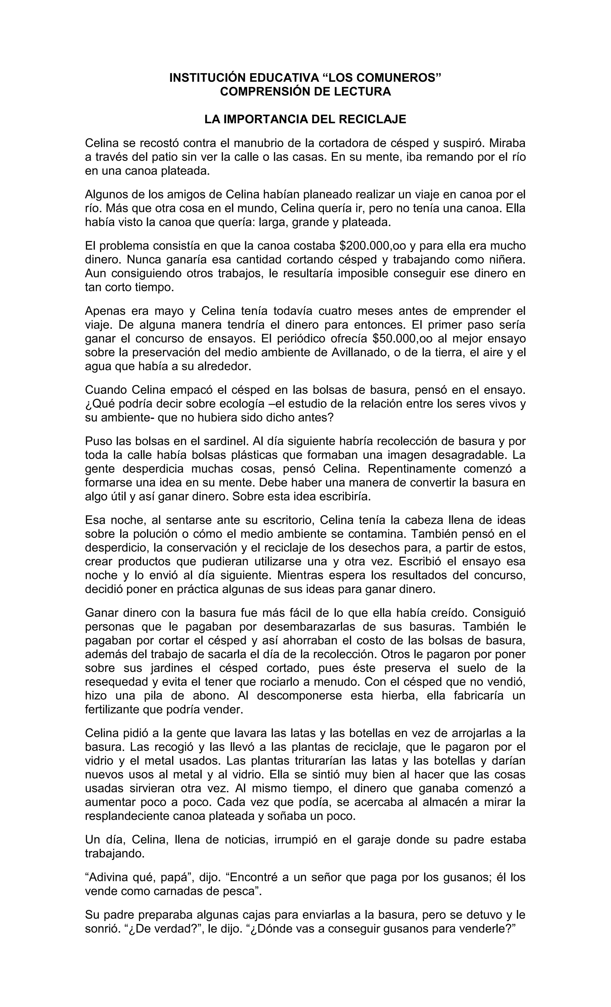La importancia del reciclaje. comprensión de lectura | DOCX