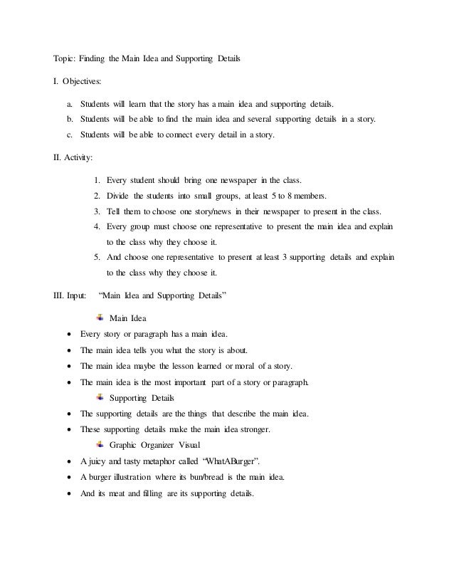 Finding The Main Idea And Supporting Details Lesson Plan Finding The Main Idea And Supporting Details Lesson Plan