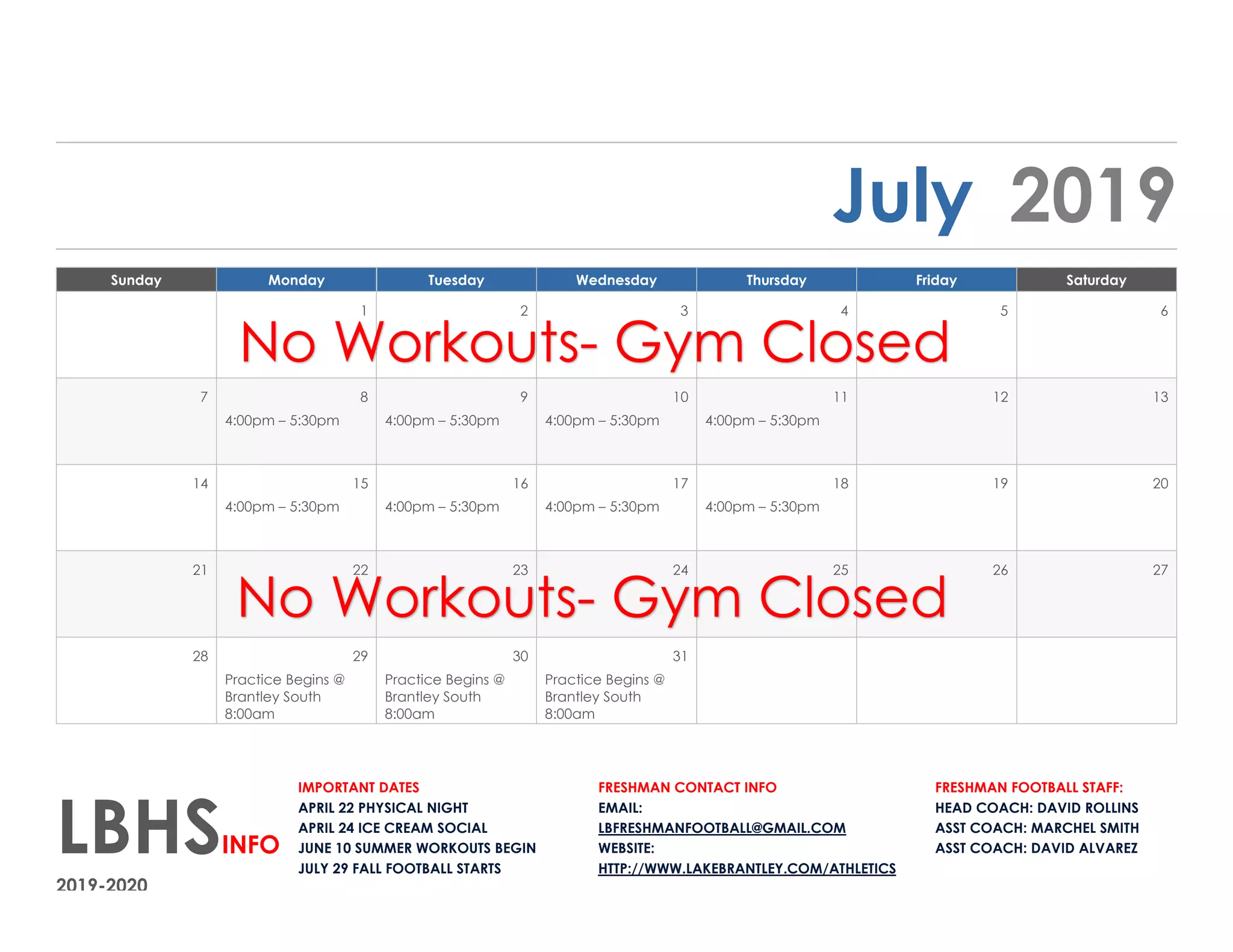 Lake Brantley Freshmen Football Summer Calendar | PPT