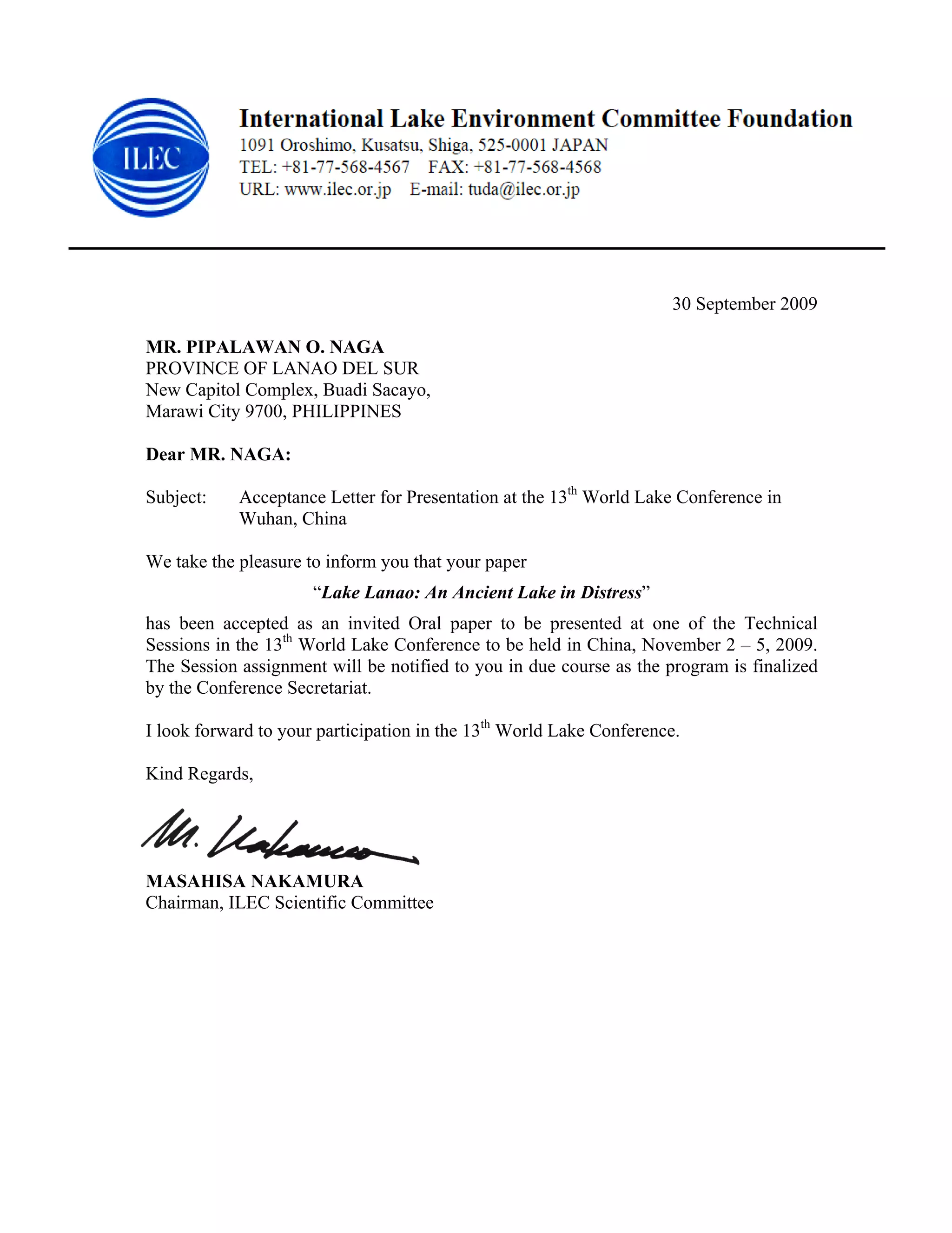 Lake lanao 13th wlc paper acceptance | PDF