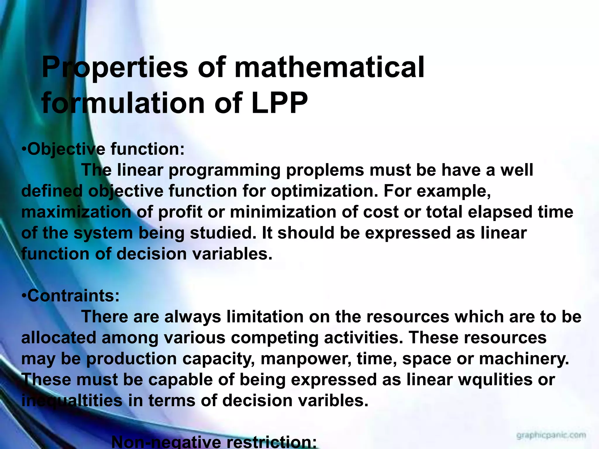 Mathematical formulation of lpp- properties and example | PPTX