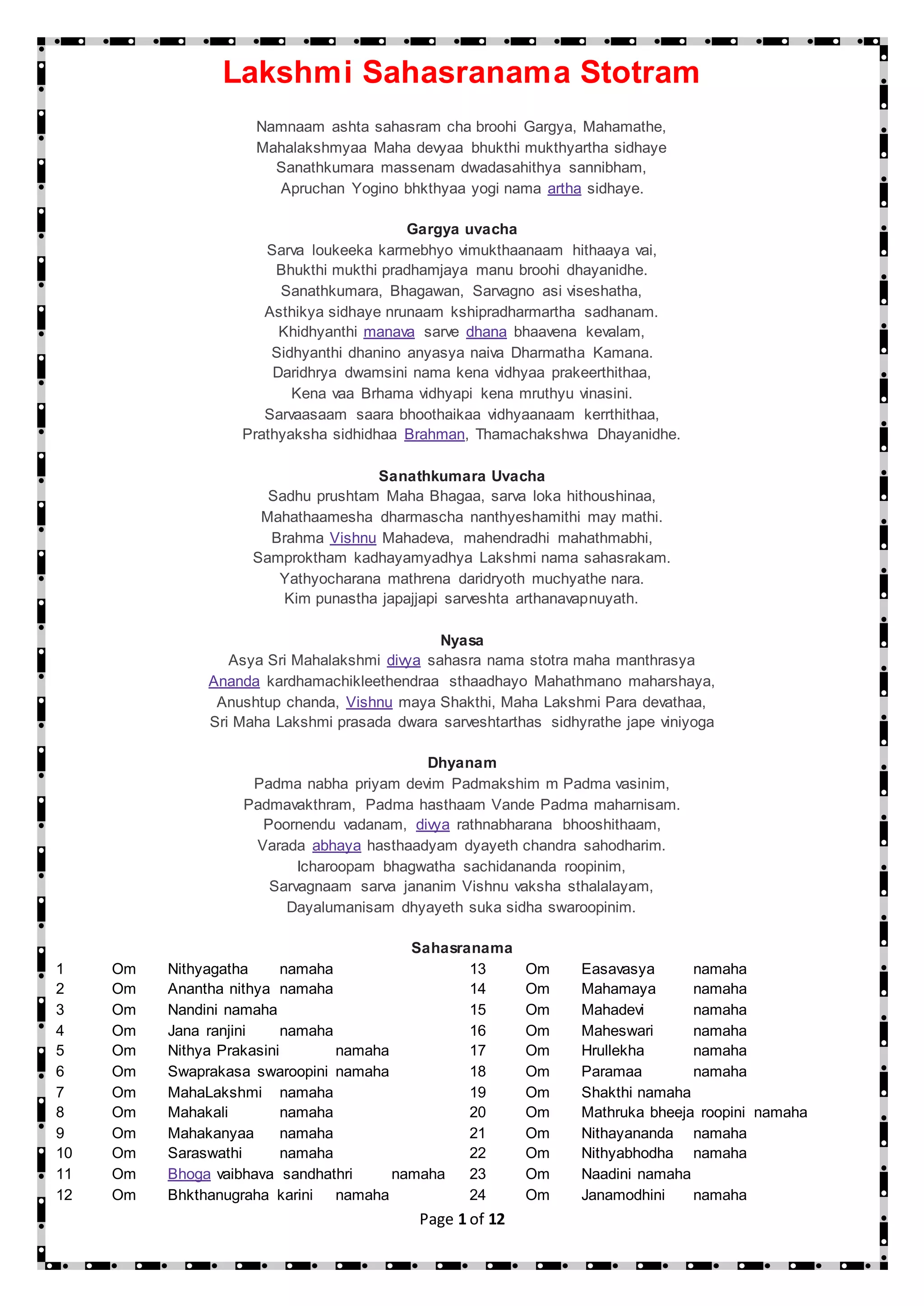 Lakshmi sahasranama stotram 1 | DOCX