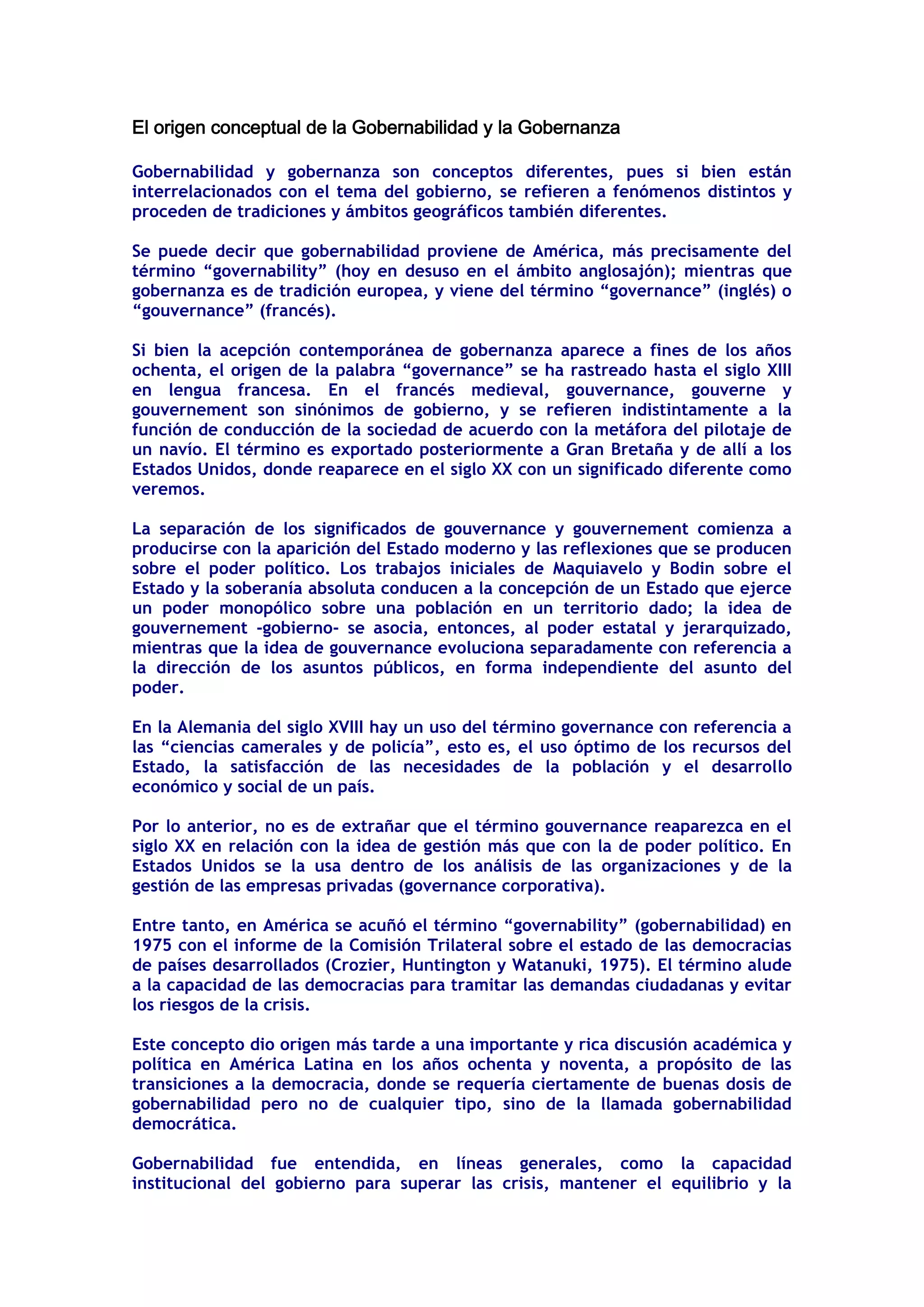El origen conceptual de la gobernabilidad y la gobernanza | PDF