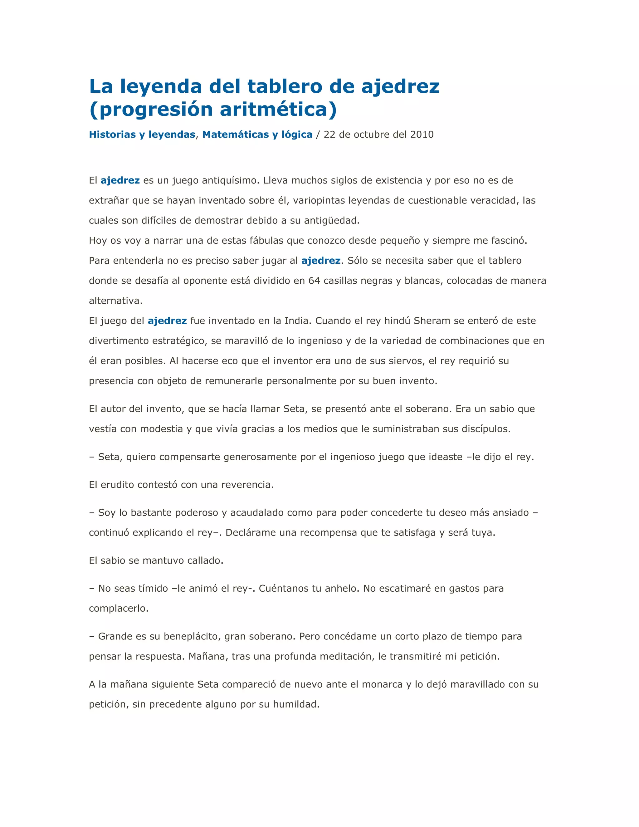 La leyenda del tablero de ajedrez | DOCX