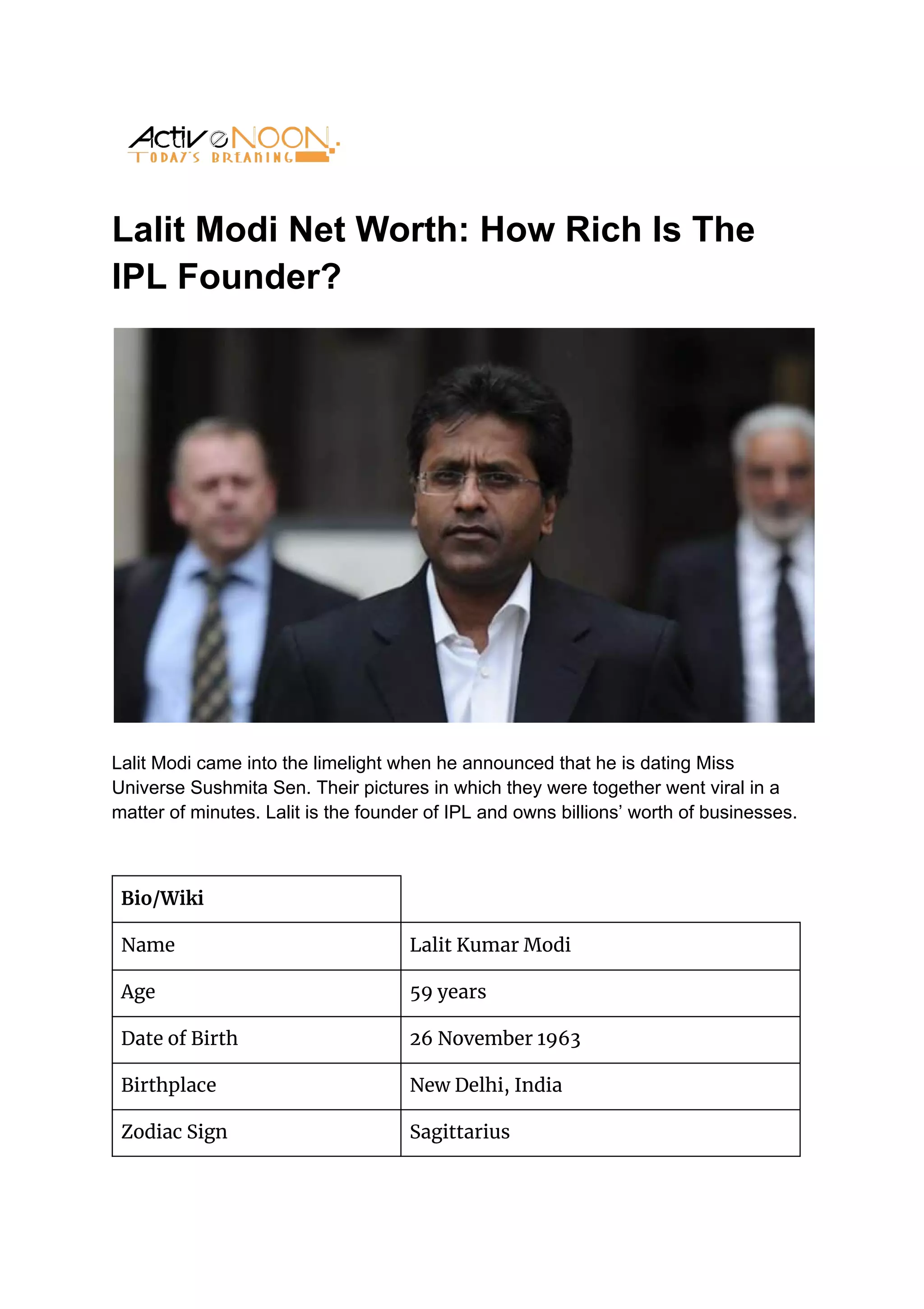 Lalit Modi Net Worth: How Rich Is The IPL Founder? | PDF