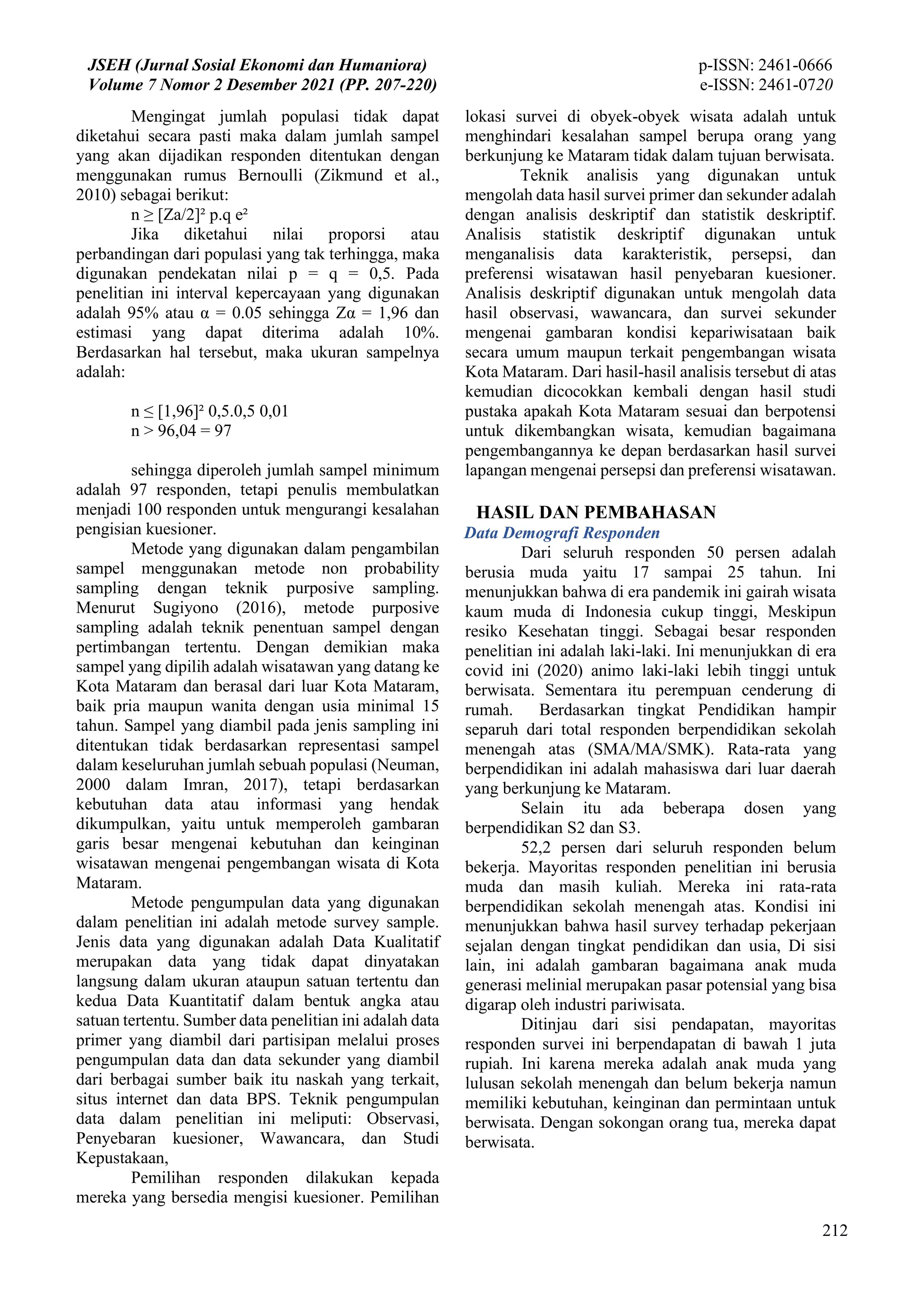 POTENSI PENGEMBANGAN WISATA DI KOTA MATARAM BERDASARKAN PERSEPSI DAN PREFERENSI WISATAWAN | PDF