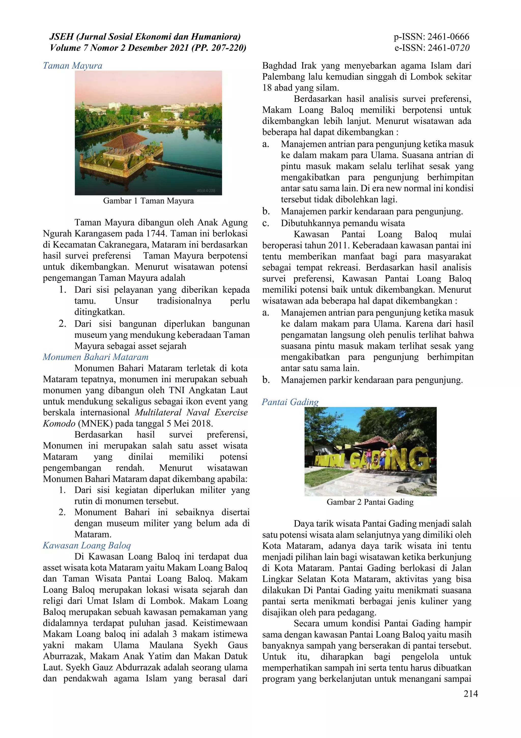 POTENSI PENGEMBANGAN WISATA DI KOTA MATARAM BERDASARKAN PERSEPSI DAN ...