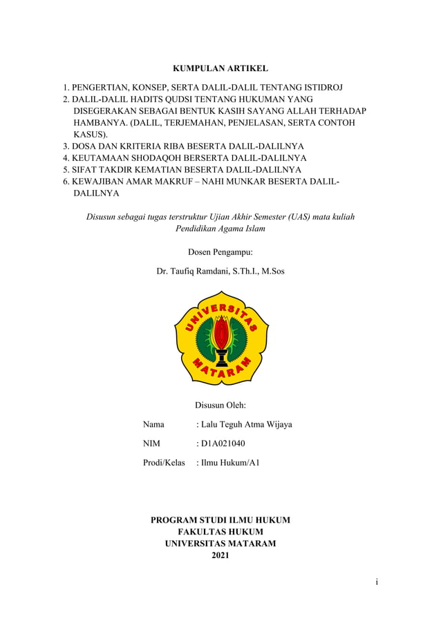 Lalu Teguh Atma Wijaya, Agama Islam, Ilmu Hukum, Dr. Taufiq Ramdani, S.Th.I., M.Sos D1A021040 ...