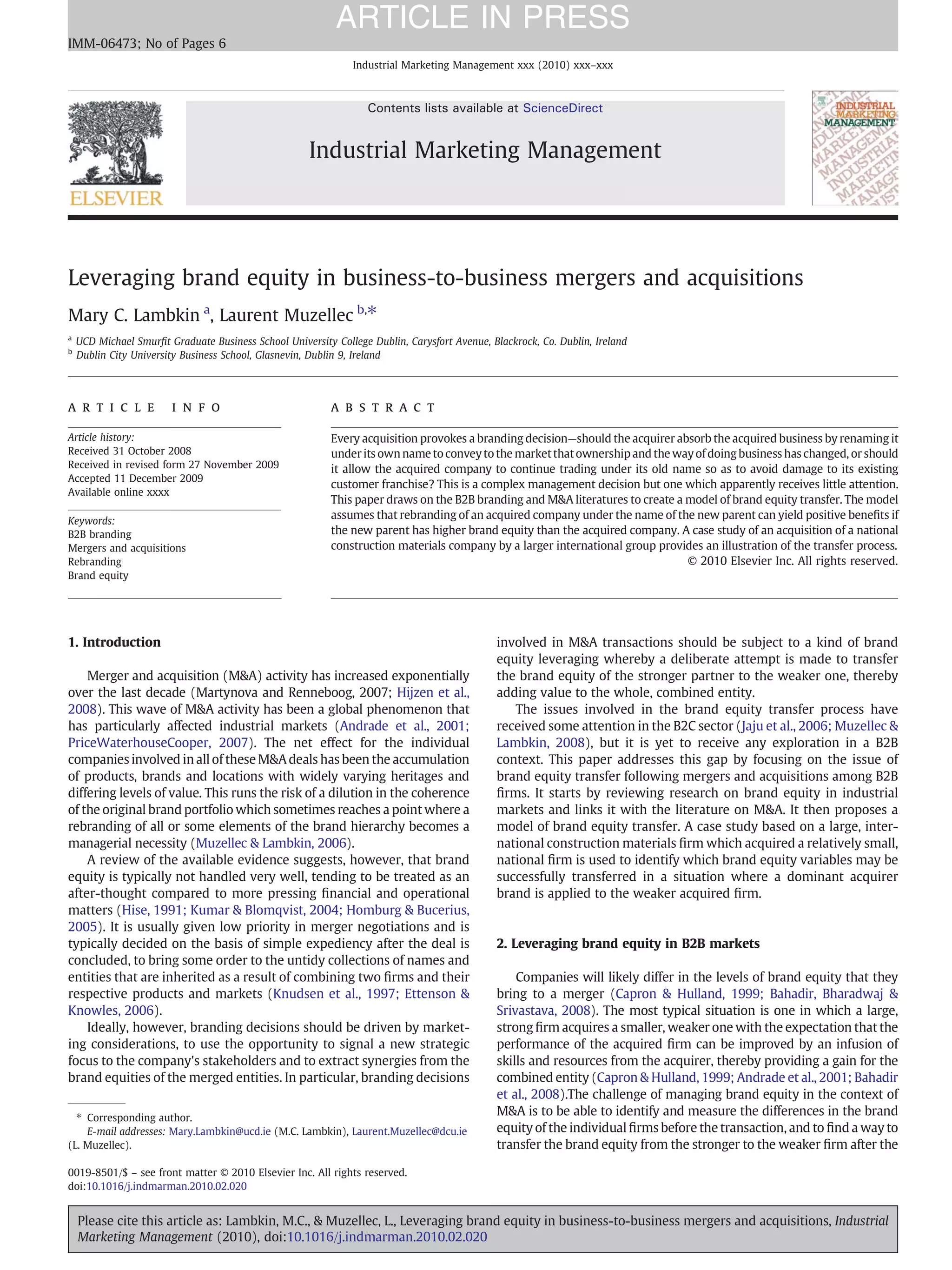 Leveraging brand equity in business-to-business mergers and ...