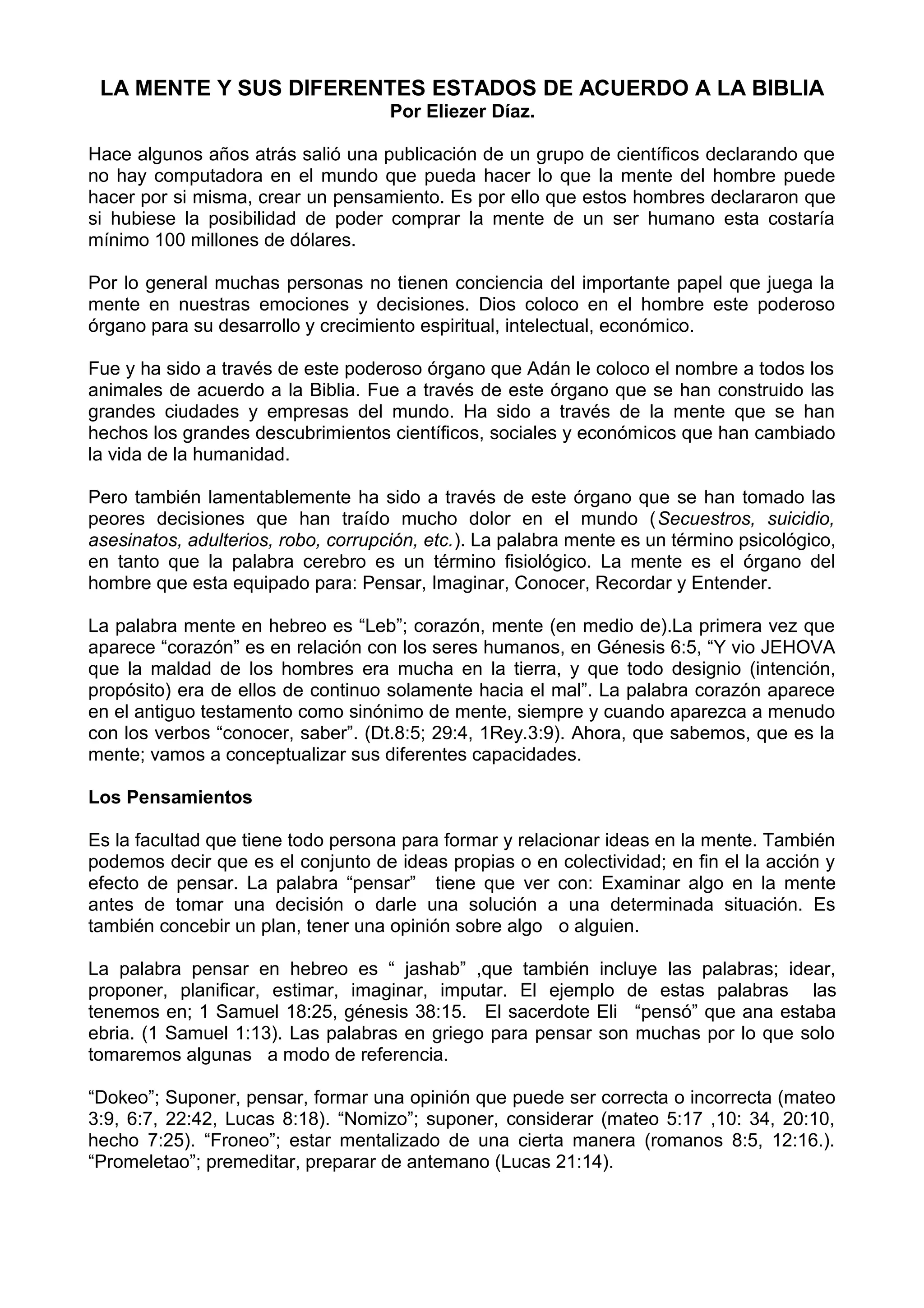La mente y sus diferentes estados de acuerdo a la biblia | DOC