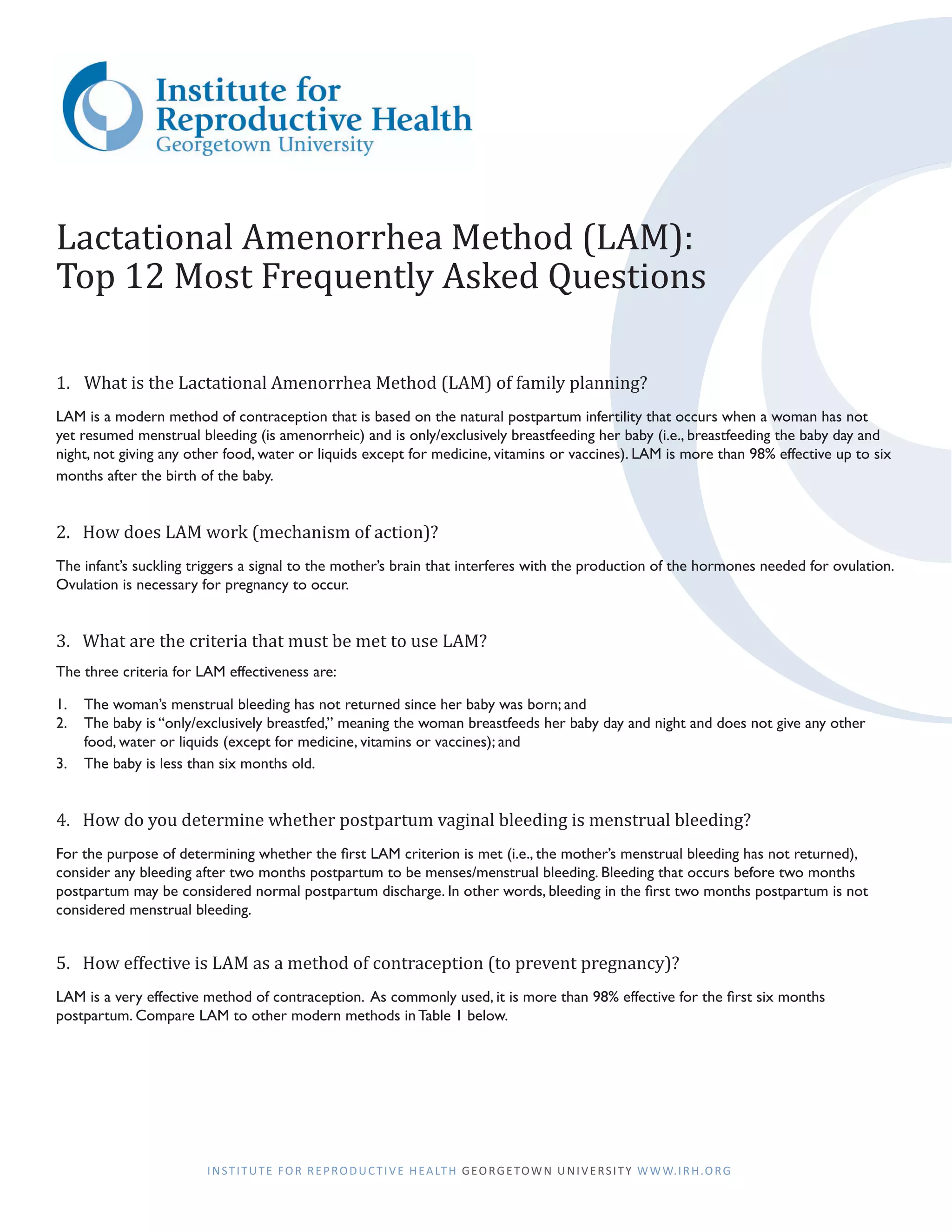 Lactational Amenorrhea Method (LAM) Top FAQs | PDF