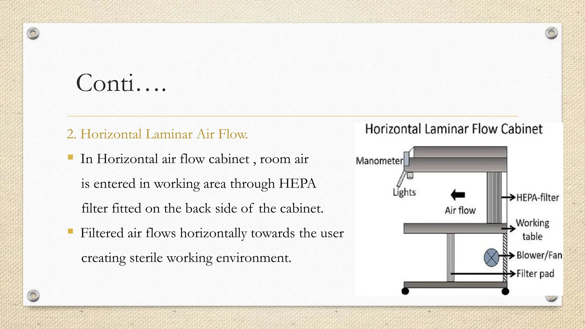 Laminar Air Flow provides a work area with Aseptic/Sterile conditions ...