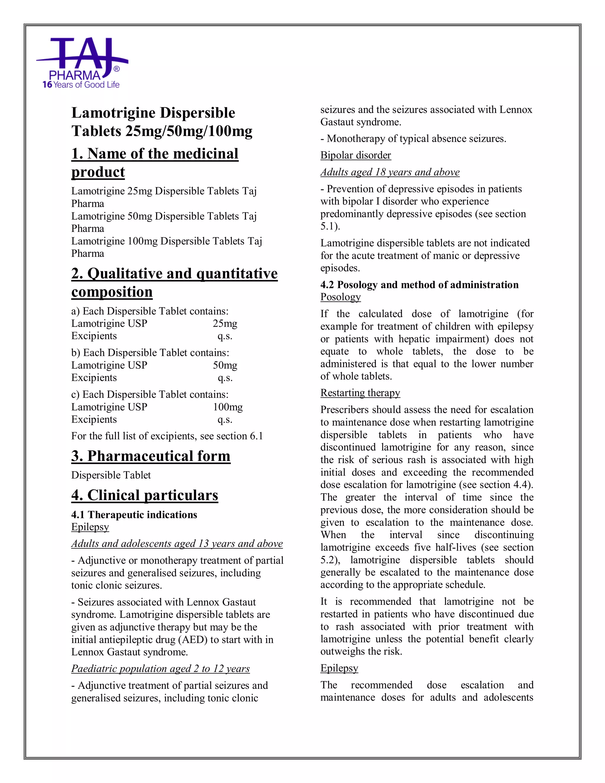 Lamotrigine Dispersible Tablets Taj Pharma SmPC | PDF