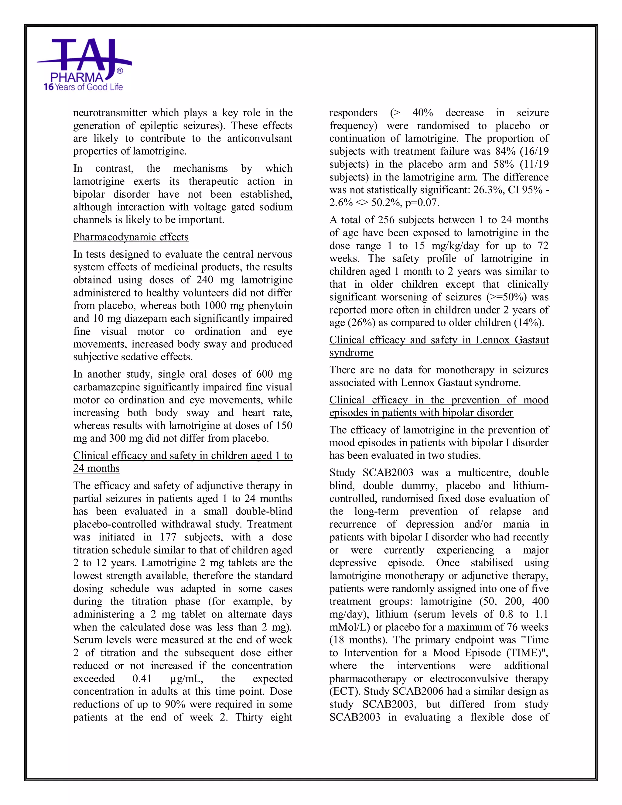 Lamotrigine Dispersible Tablets Taj Pharma SmPC | PDF