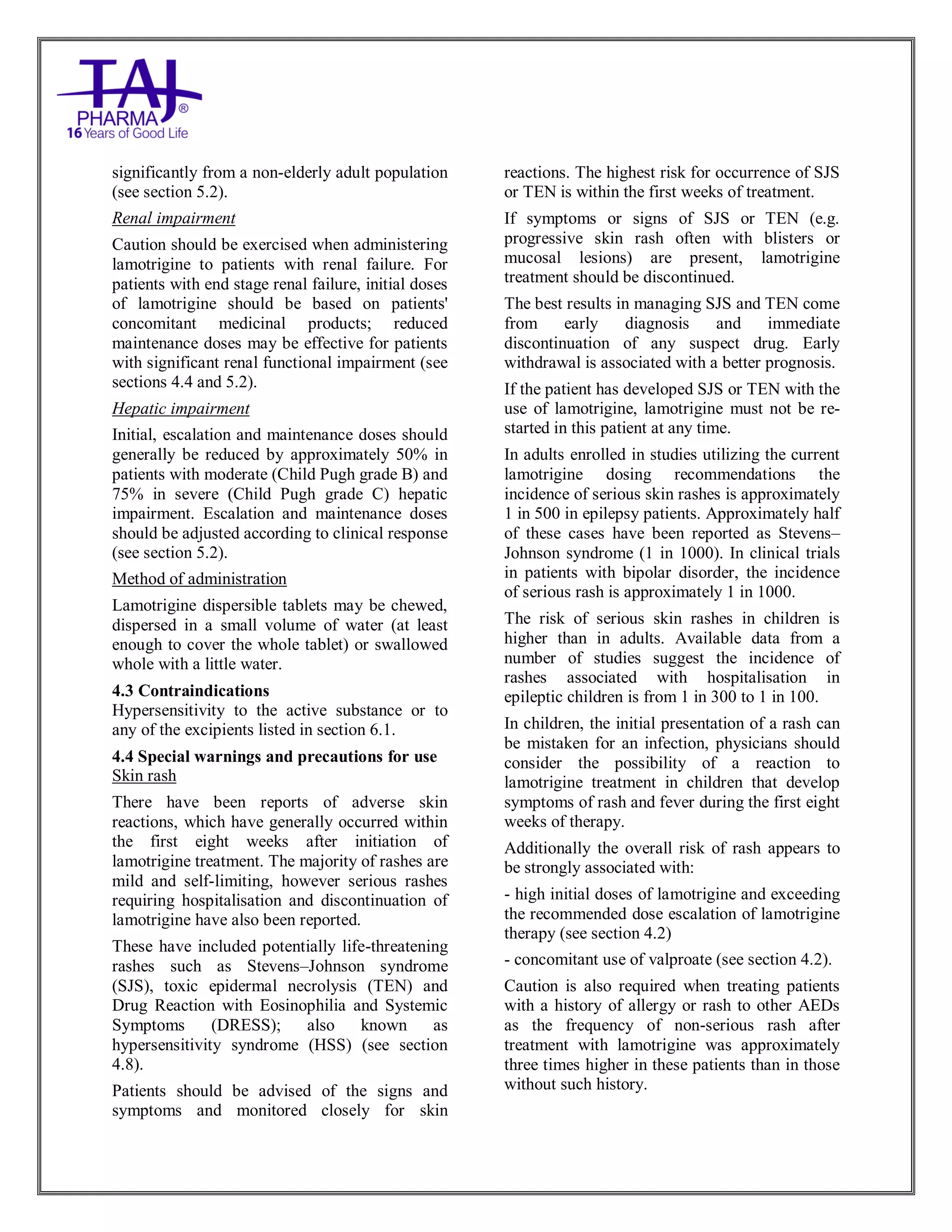 Lamotrigine Dispersible Tablets Taj Pharma SmPC | PDF