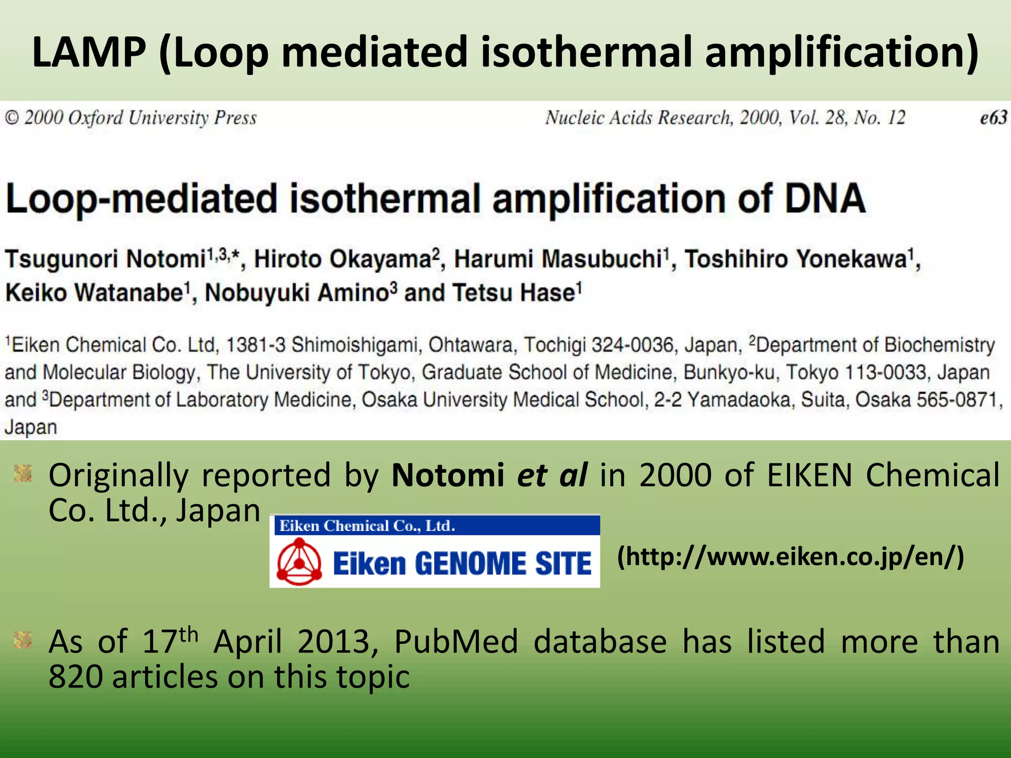 LAMP (Loop Mediated Isothermal Amplification) | PPTX