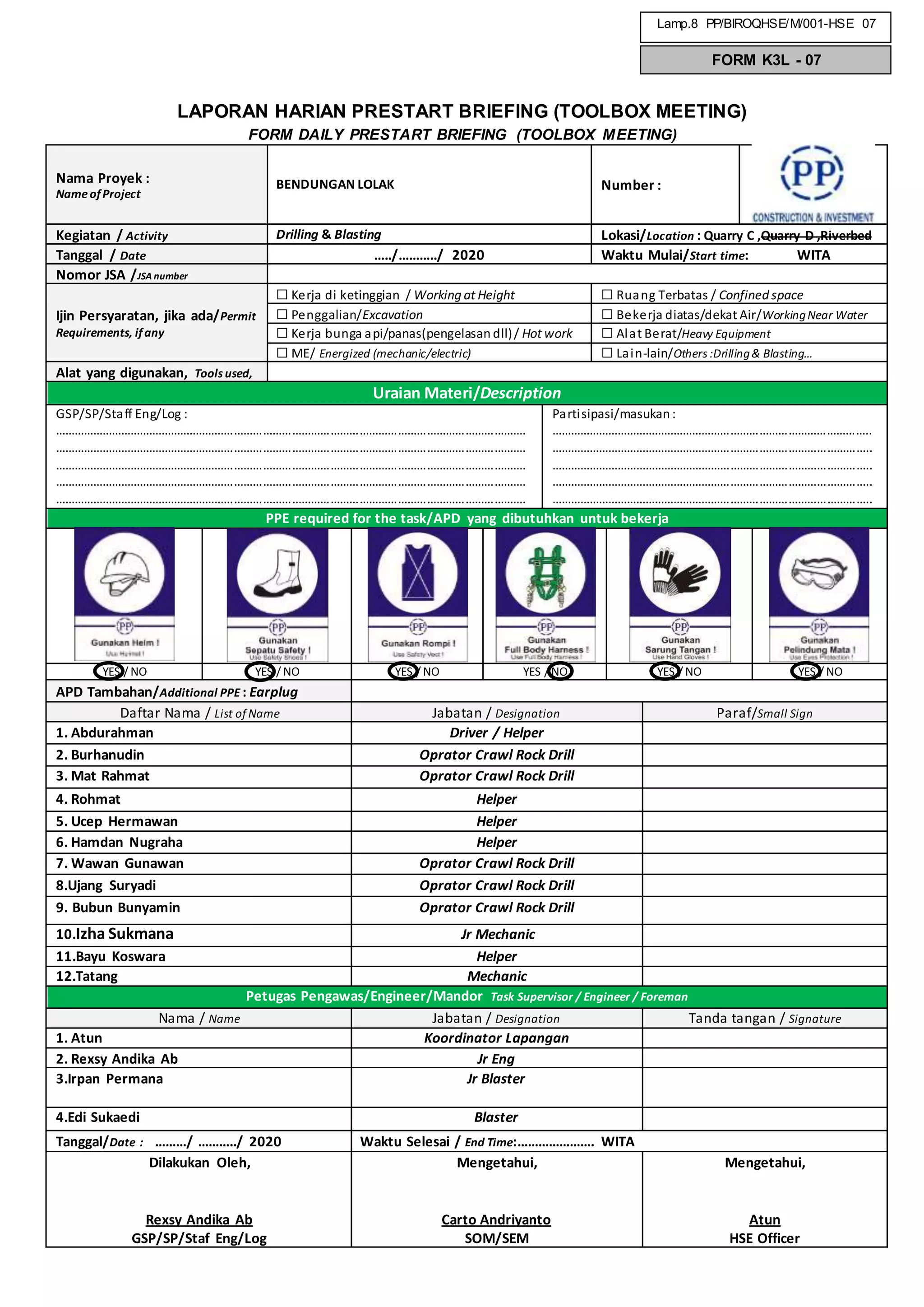 Lamp.5 laporan harian prestart briefing (toolbox meeting) | DOCX