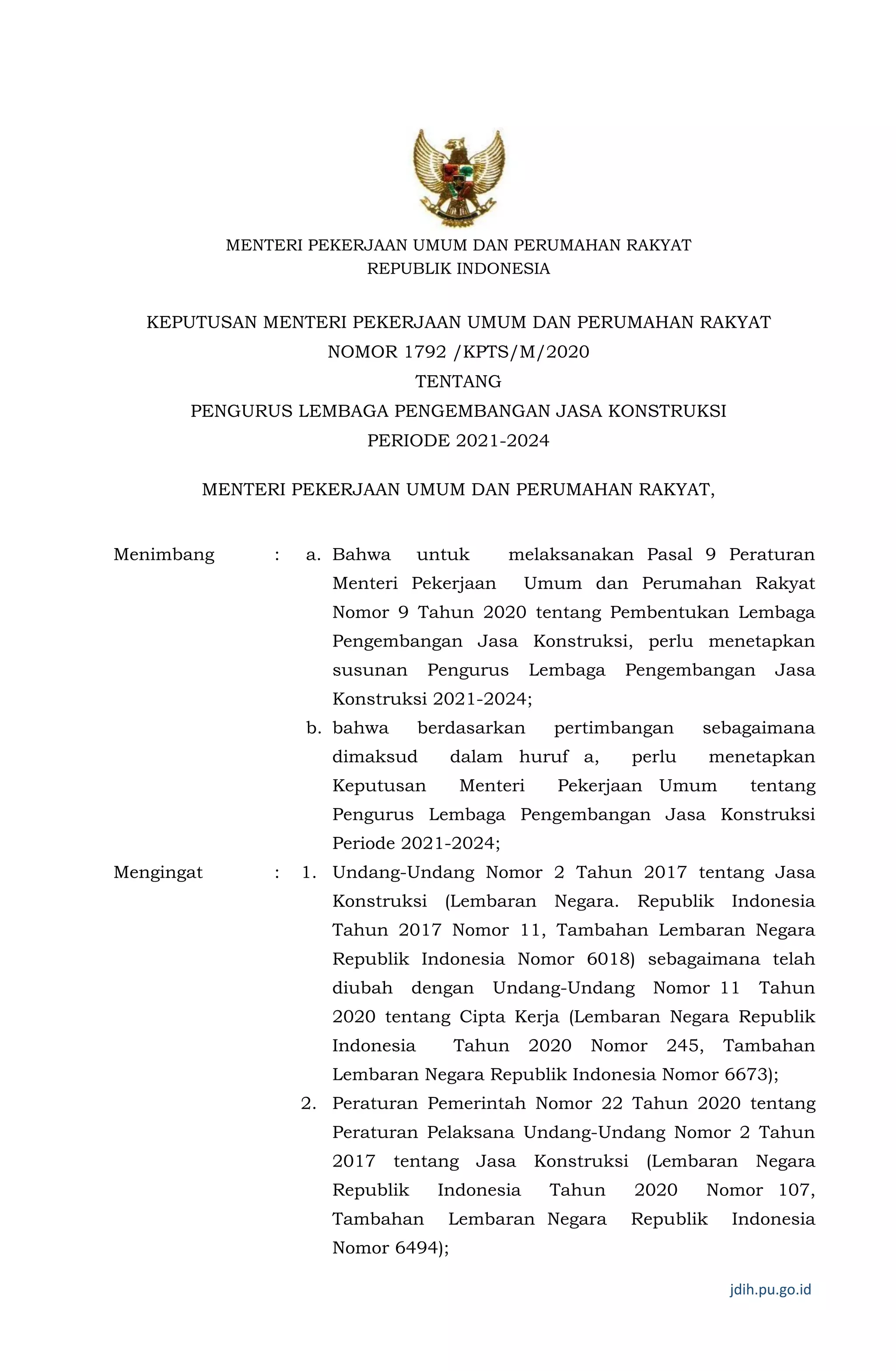 Lampiran 04 sk menteri pupr 1792-2020 - pengurus lpjk pupr periode 2021-2024 | PDF