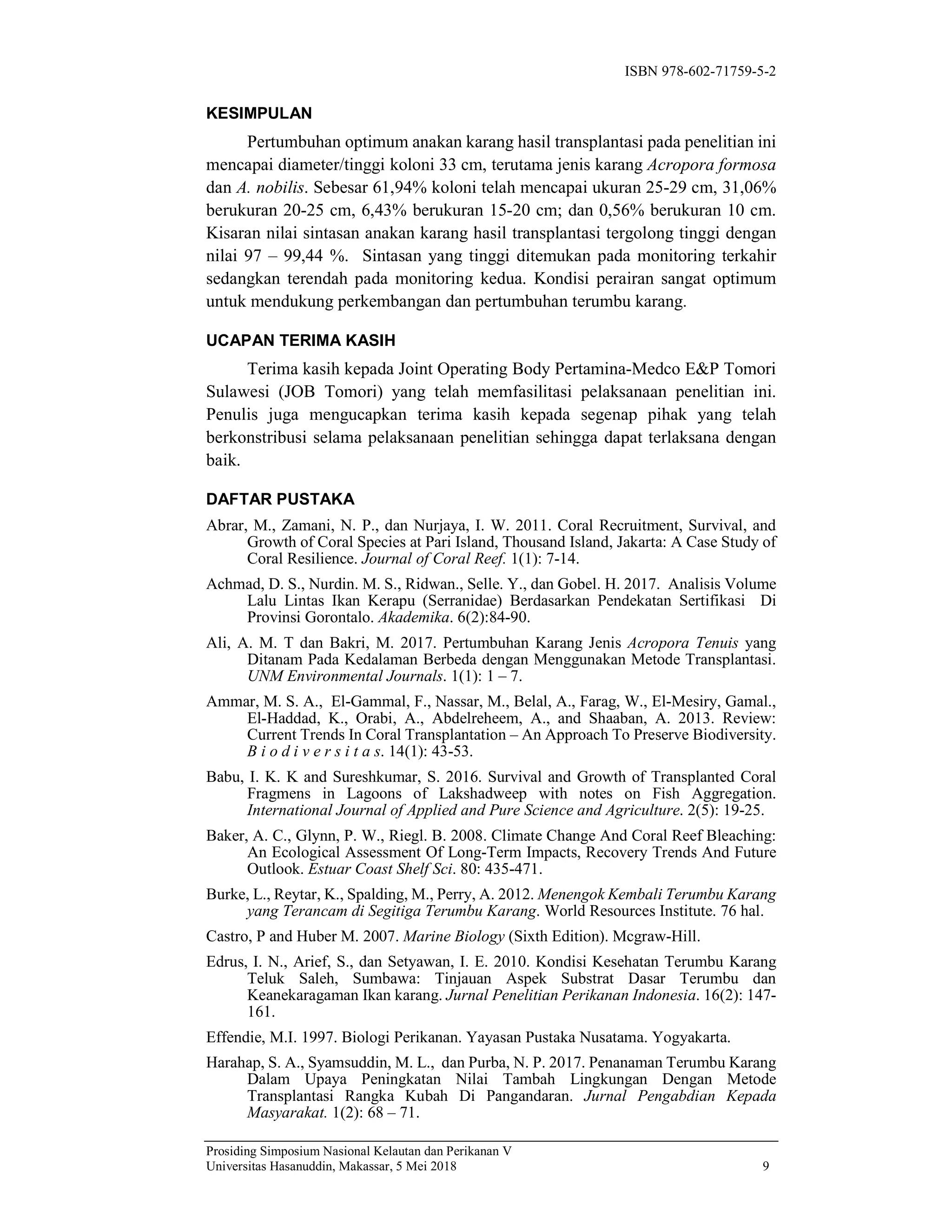 Lampiran 2. jurnal pertumbuhan dan sintasan karang hasil transplantasi ...