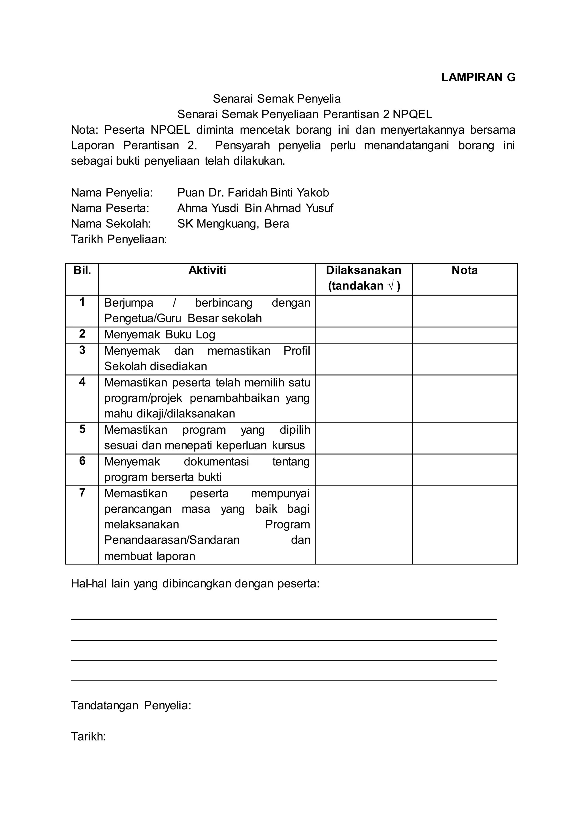 Lampiran g senarai semak penyelia | DOCX