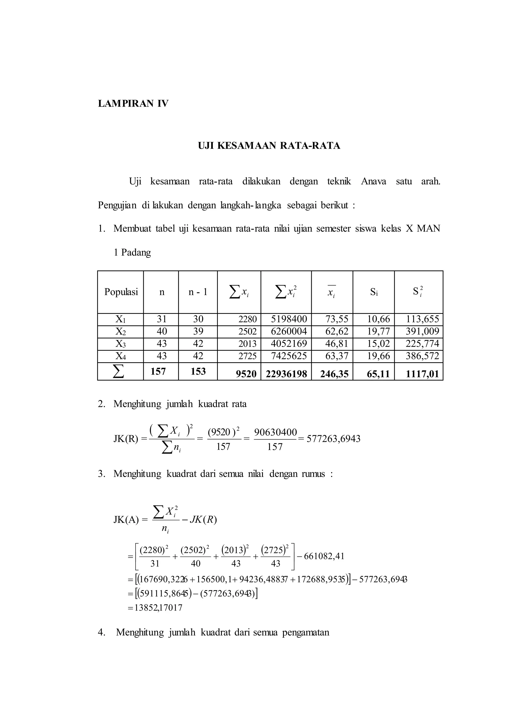 Lampiran iv uji kesamaan rata2 | DOC