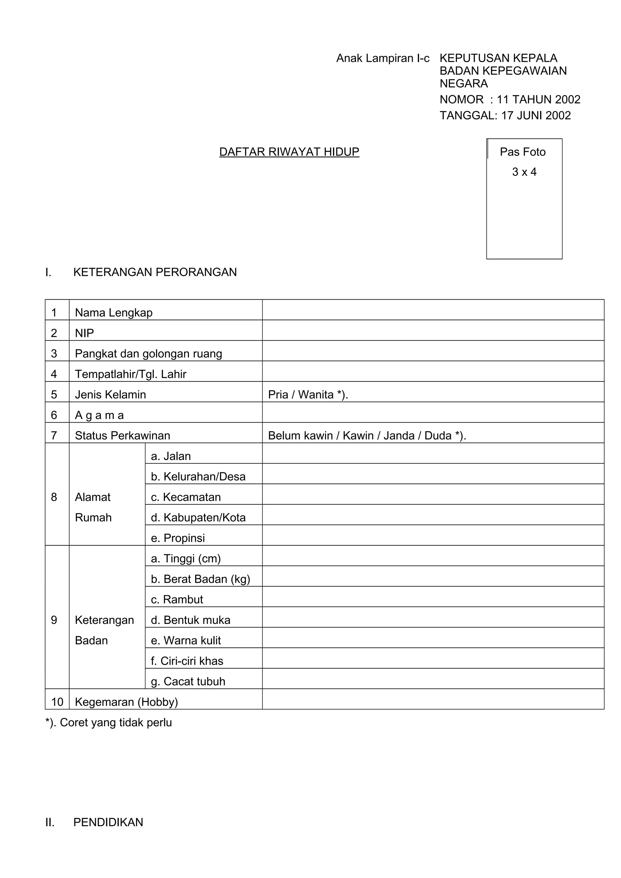 Lampiran KK BKN No 11 Tahun 2002 | DOC