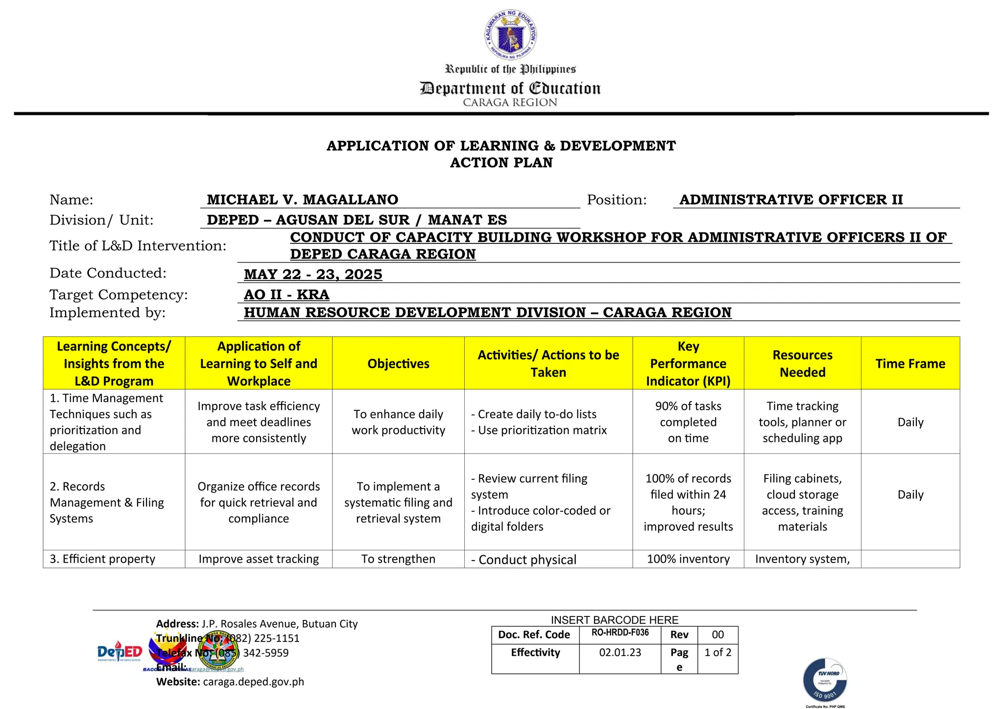 Learning and Development Action Plan AO2 Training | DOCX