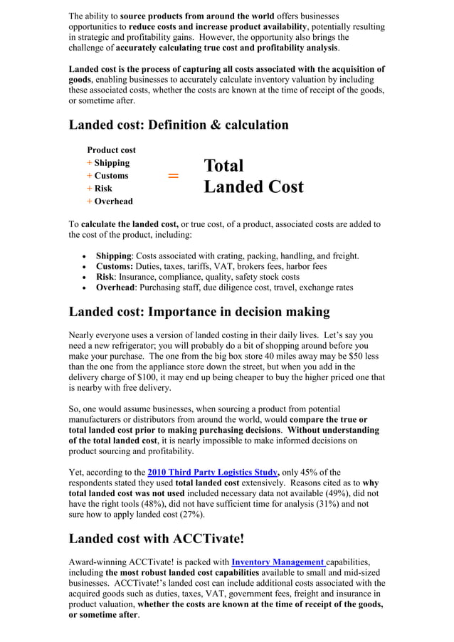 Landed cost definition, calculation & benefits | DOCX | Logistics ...