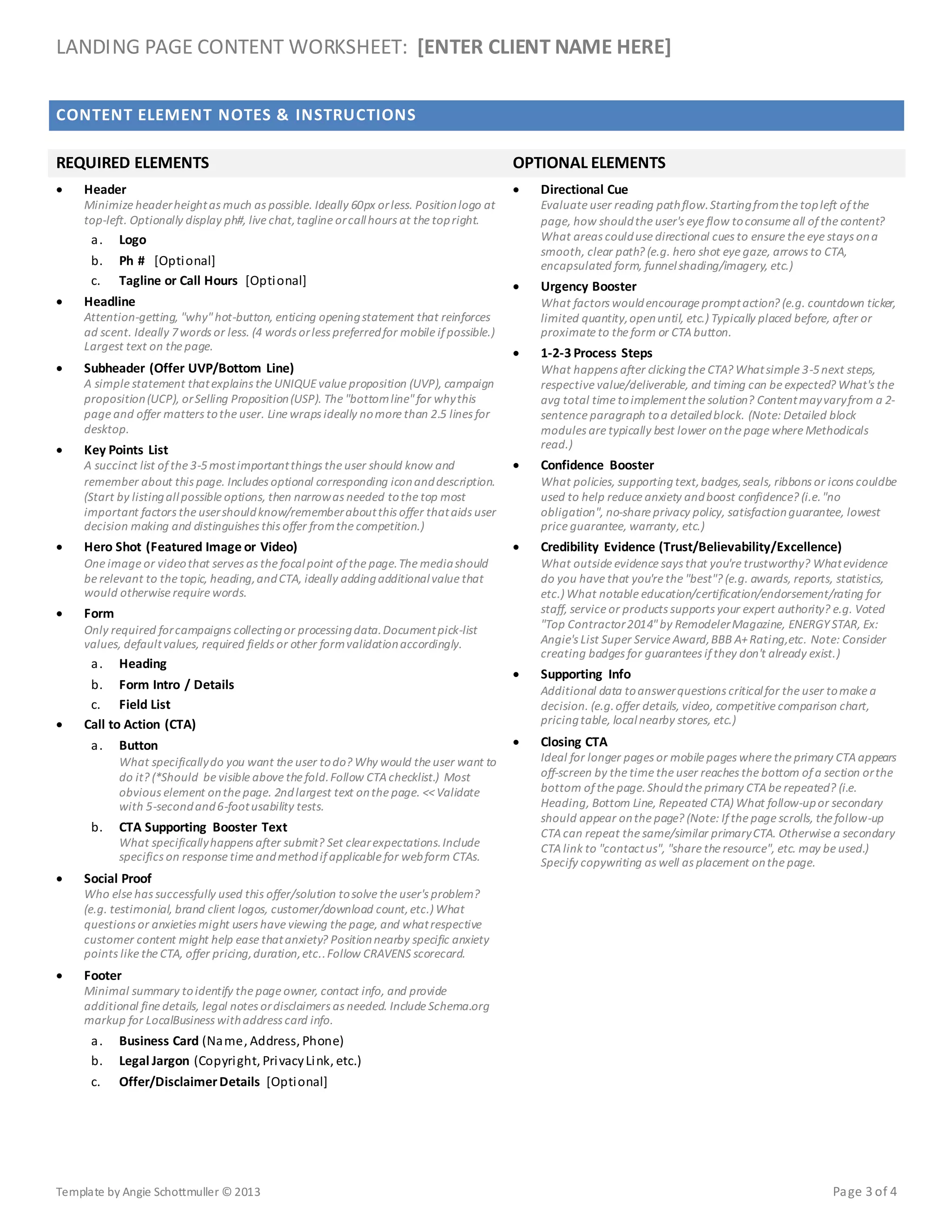 Landing Page Content Worksheet | DOTX