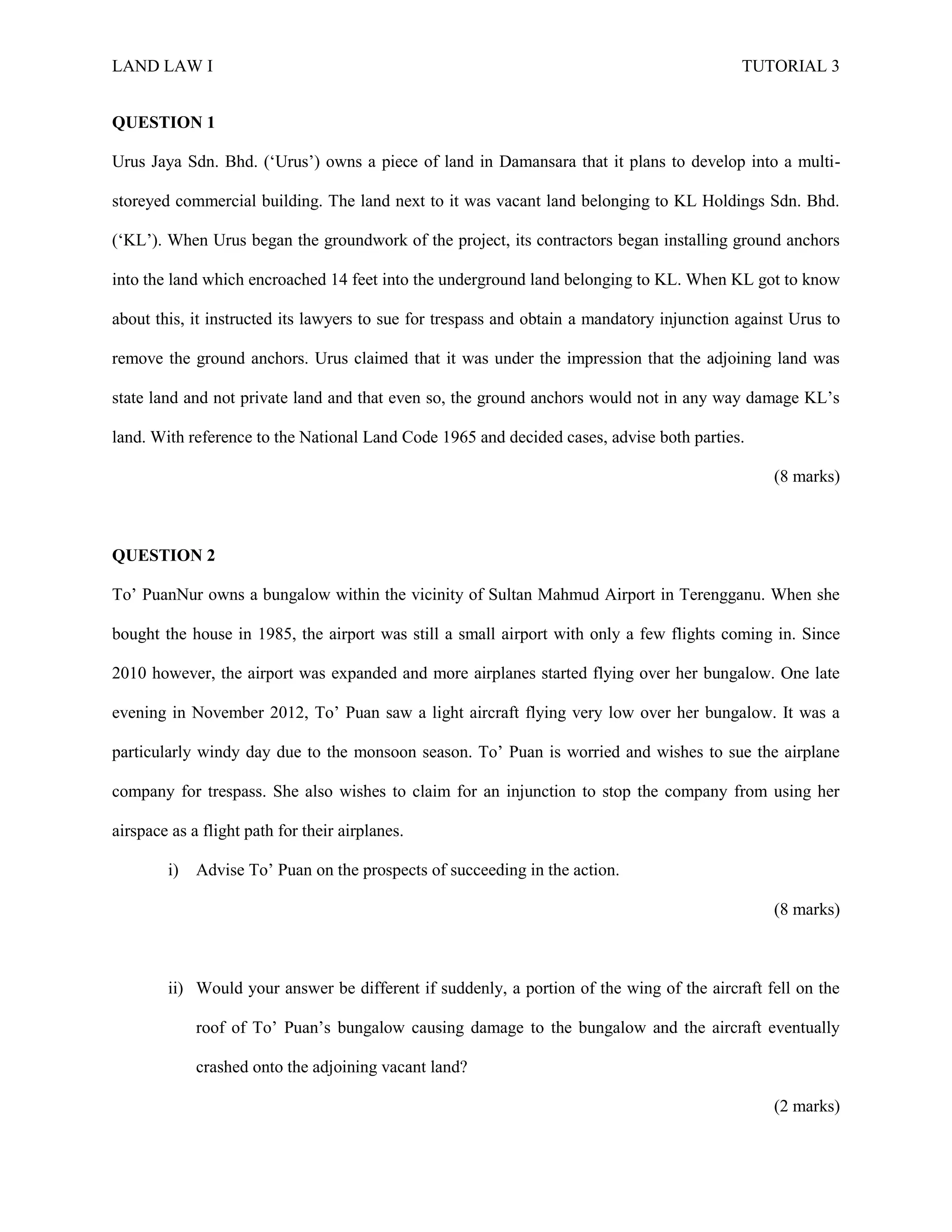 Land law 1 tutorial 3 extent of enjoyment | DOCX