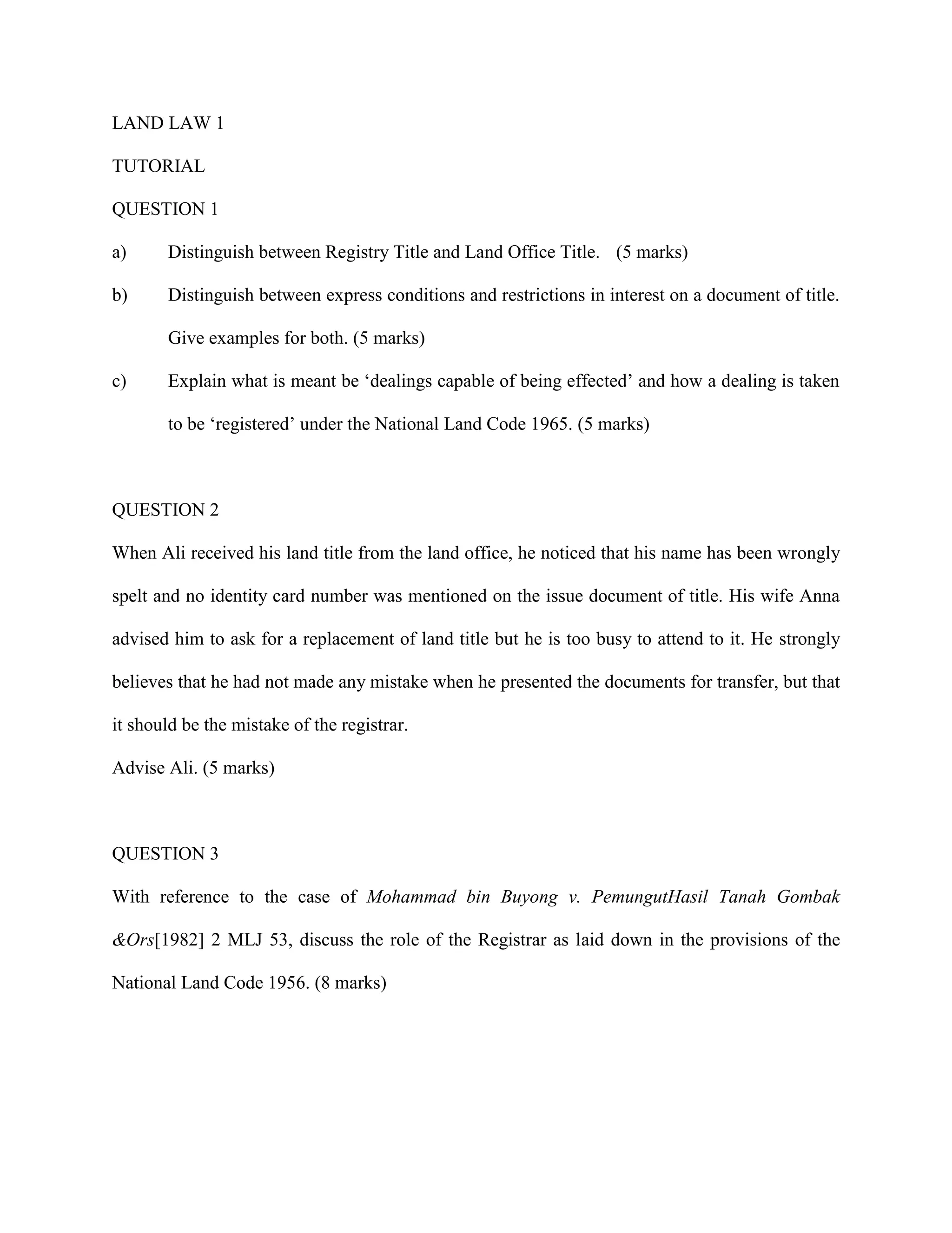 Land law 1 tutorial 7 registration of dealings | DOCX