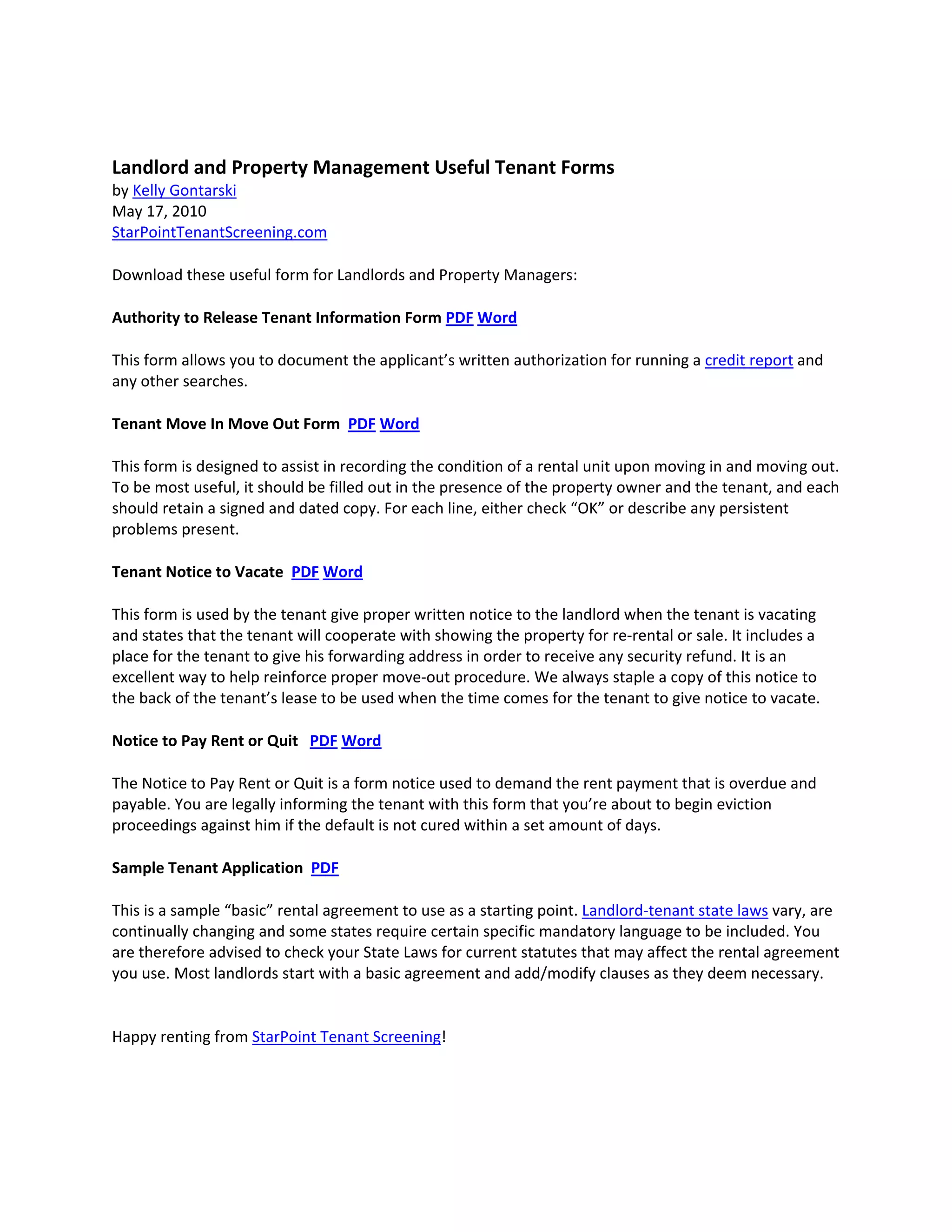 Landlord and property management useful tenant forms | PDF