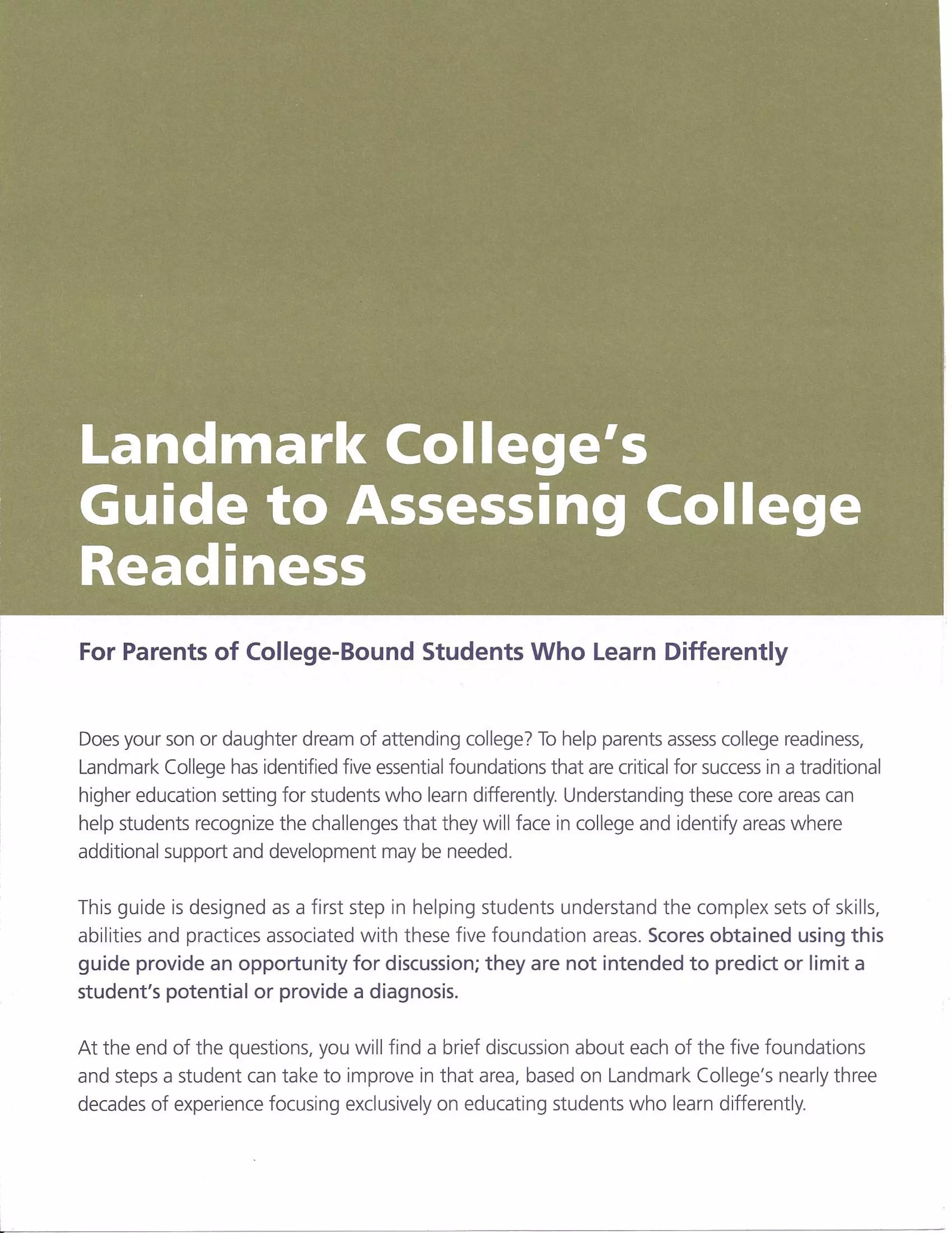 Landmark College A Guide to Assessing College Readiness | PDF