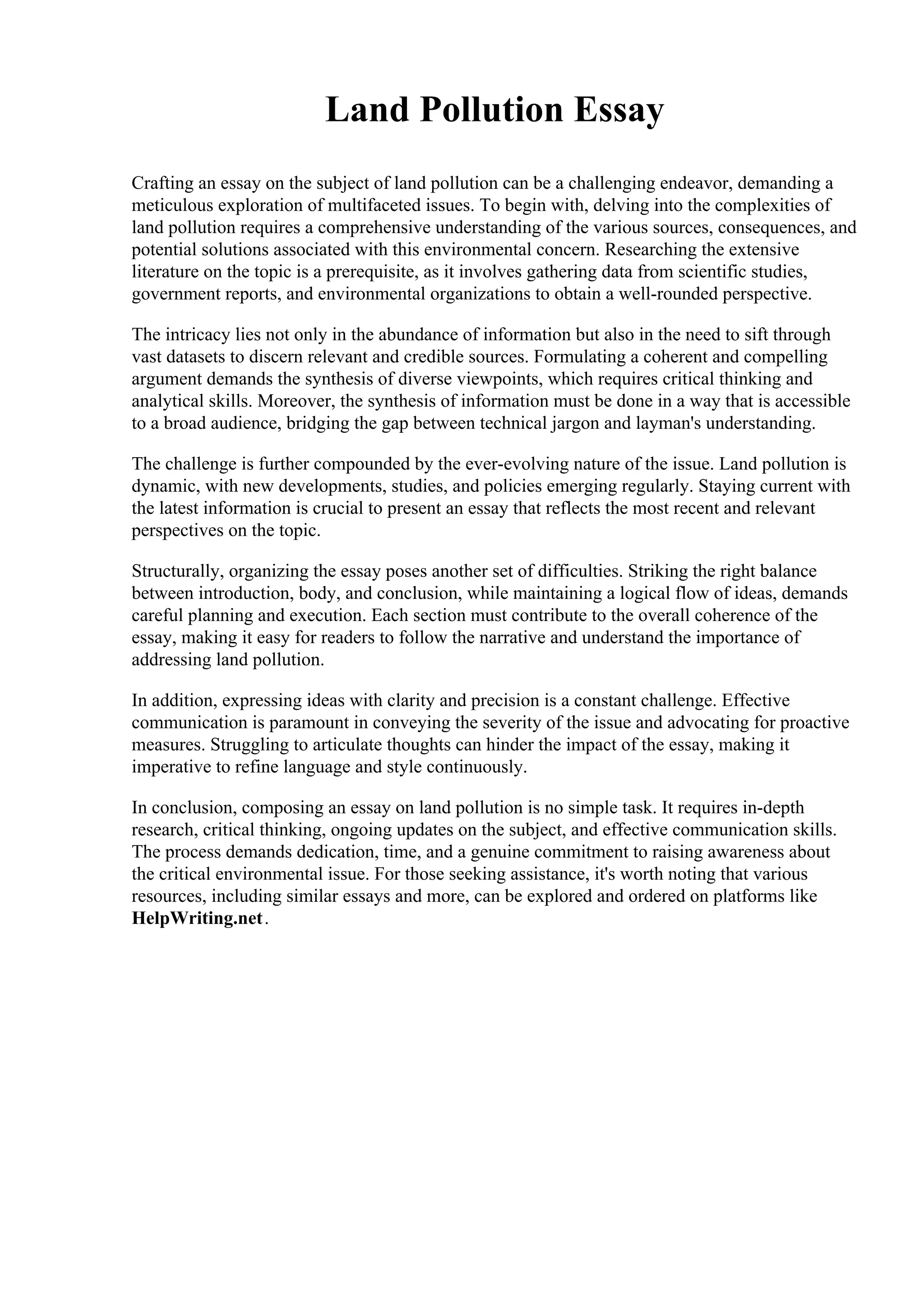 Land Pollution Essay. Southern Arkansas University | PDF
