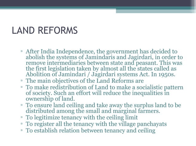 Land reforms in india | PPT | Land and Farms | Real Estate