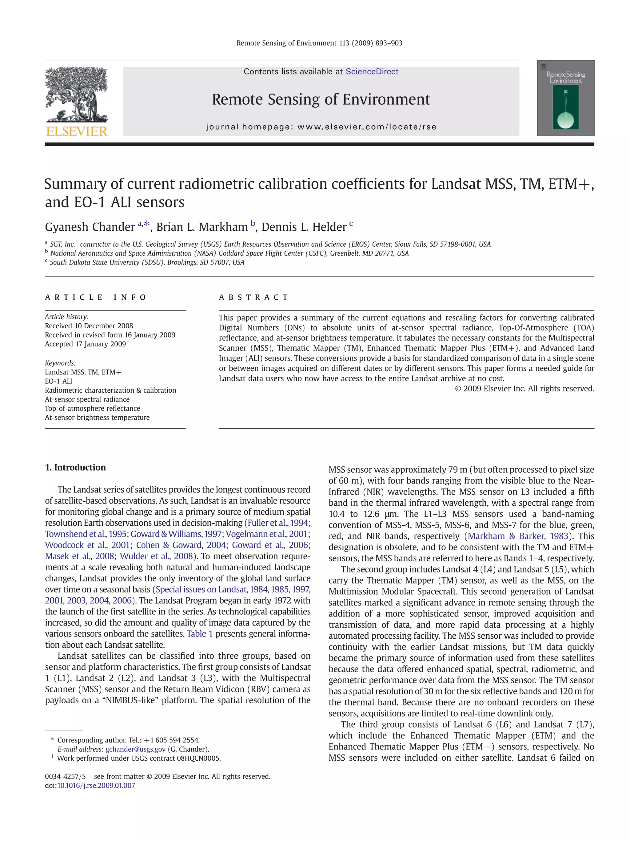 Landsat calibration summary_rse | PDF