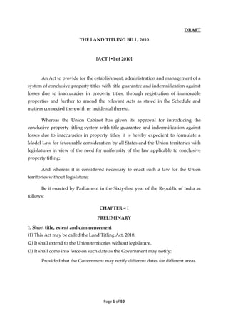 Land titling bill 2010 -james Joseph Adhikarathil | PDF