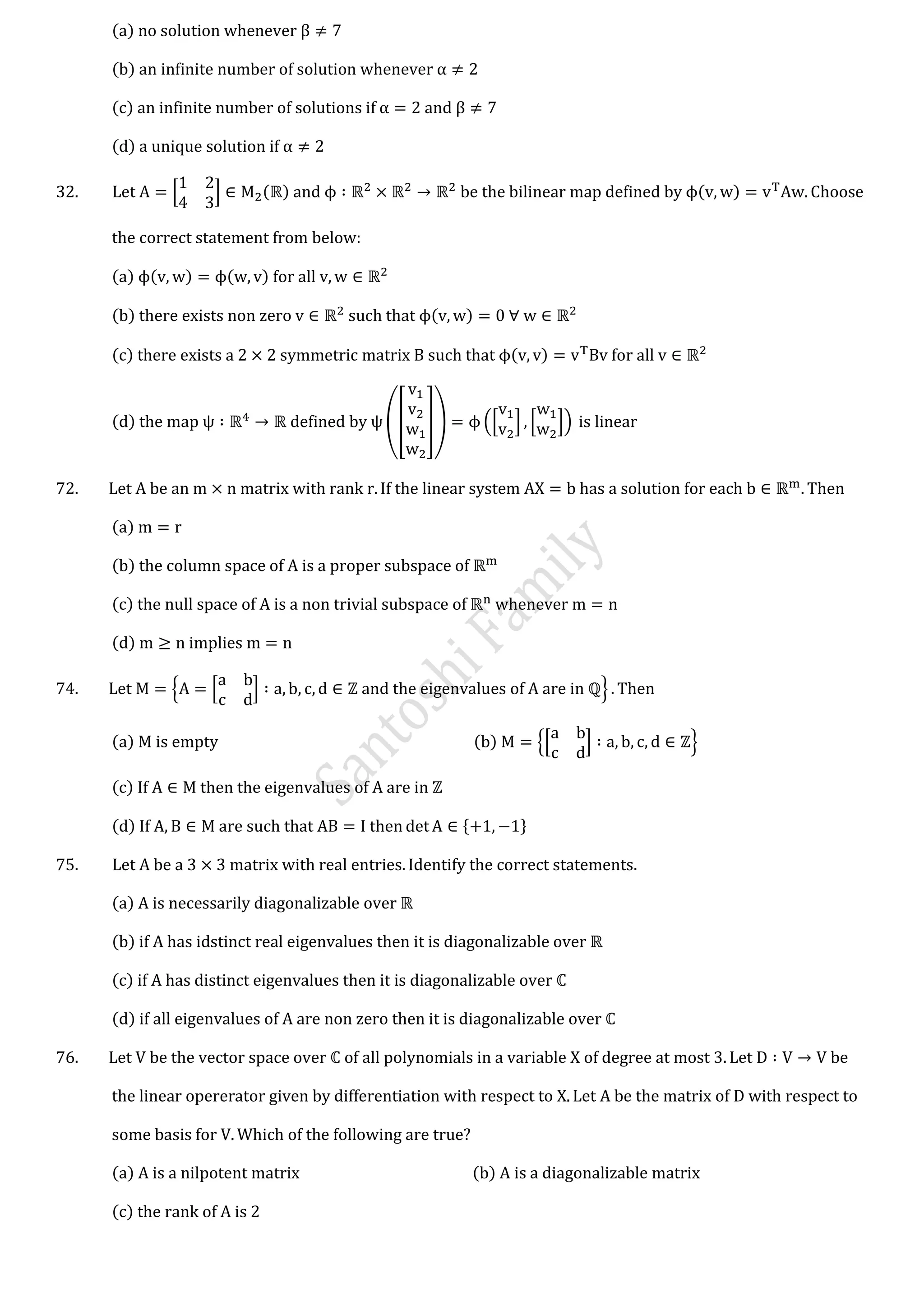Linear Algebra Previous Year Questions of Csir Net Mathematical Science and their Answer Key ...