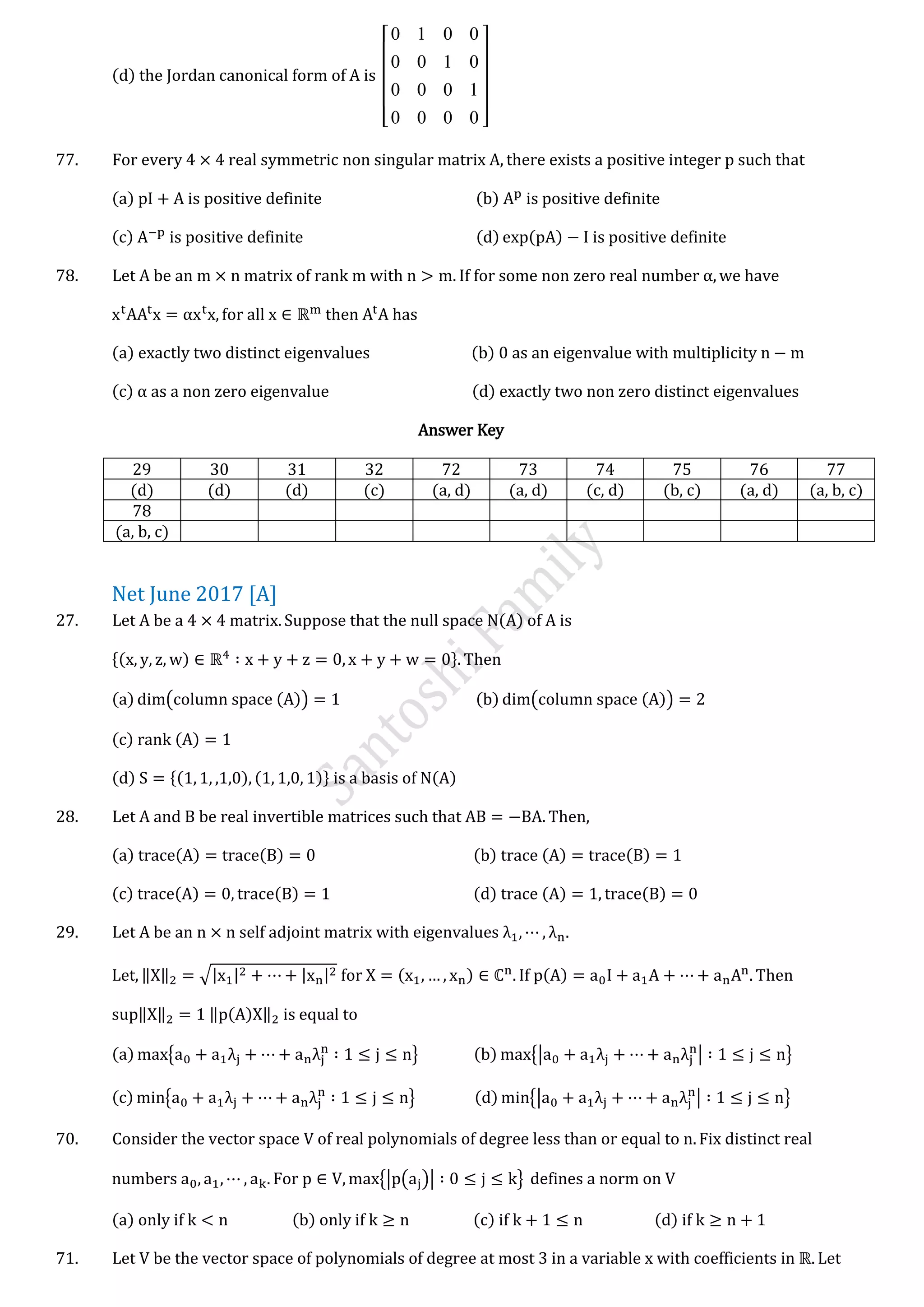 Linear Algebra Previous Year Questions of Csir Net Mathematical Science and their Answer Key ...